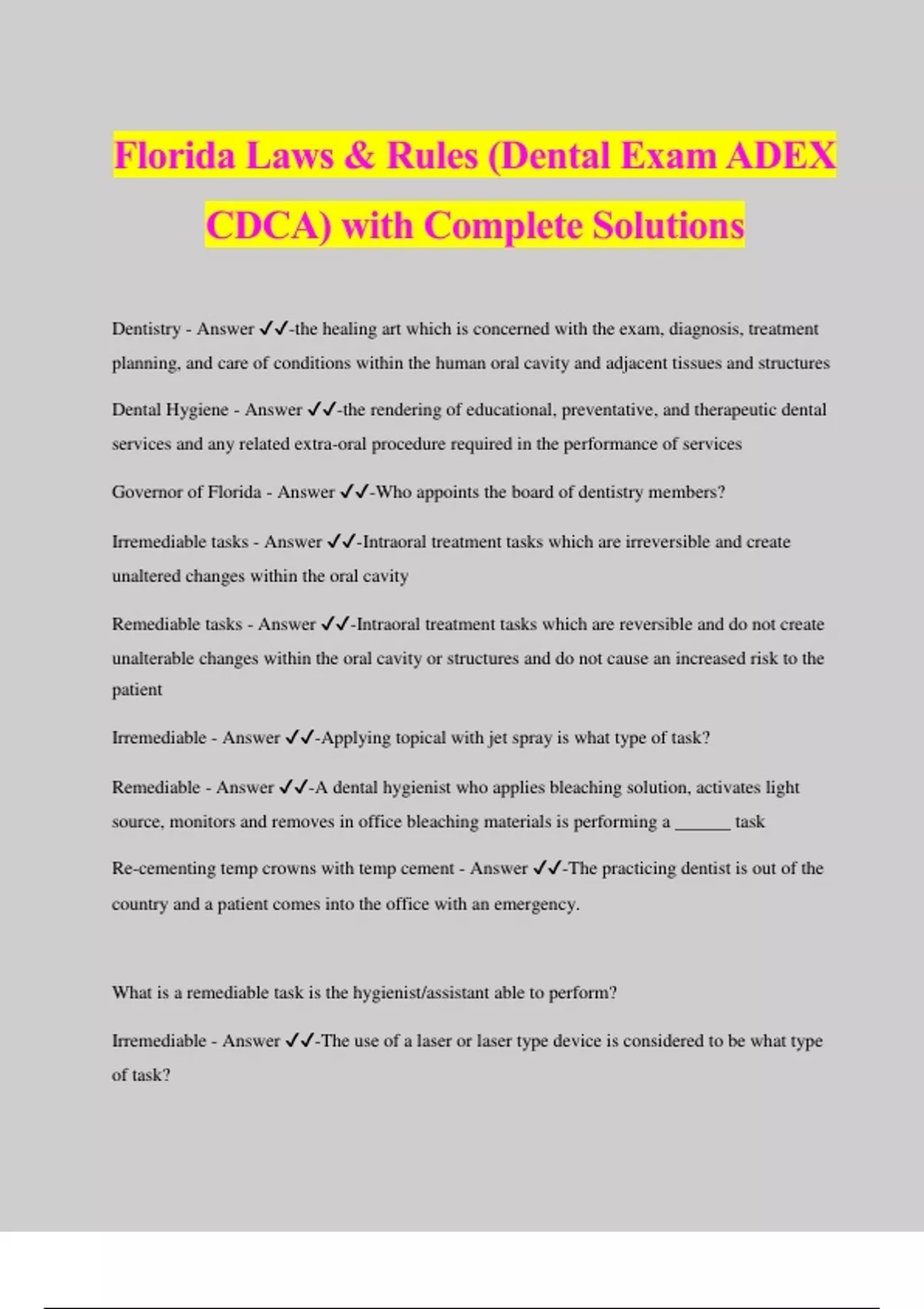 Florida Laws & Rules (Dental Exam ADEX CDCA) with Complete Solutions ...