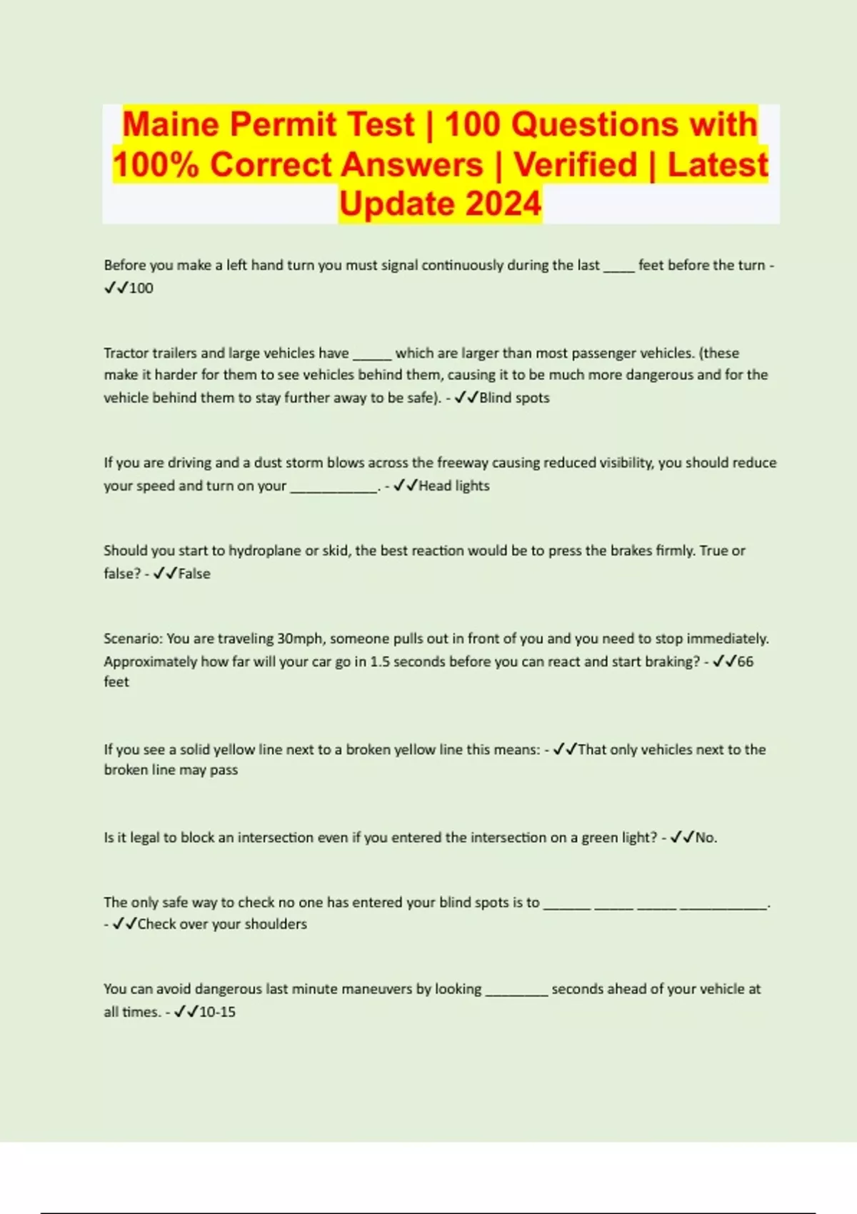 Maine Permit Test | 100 Questions with 100% Correct Answers | Verified ...