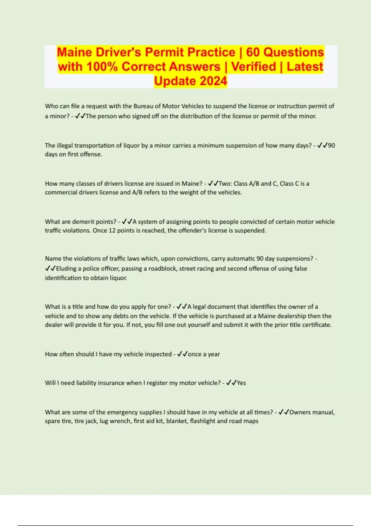 Maine Driver's Permit Practice | 60 Questions with 100% Correct Answers ...