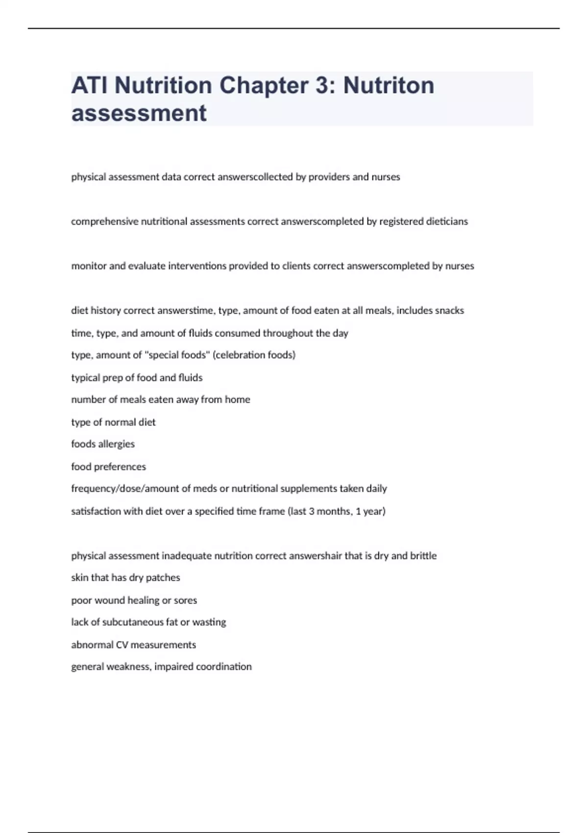 ATI Nutrition Chapter 3: Nutriton assessment exam 2024 with complete ...