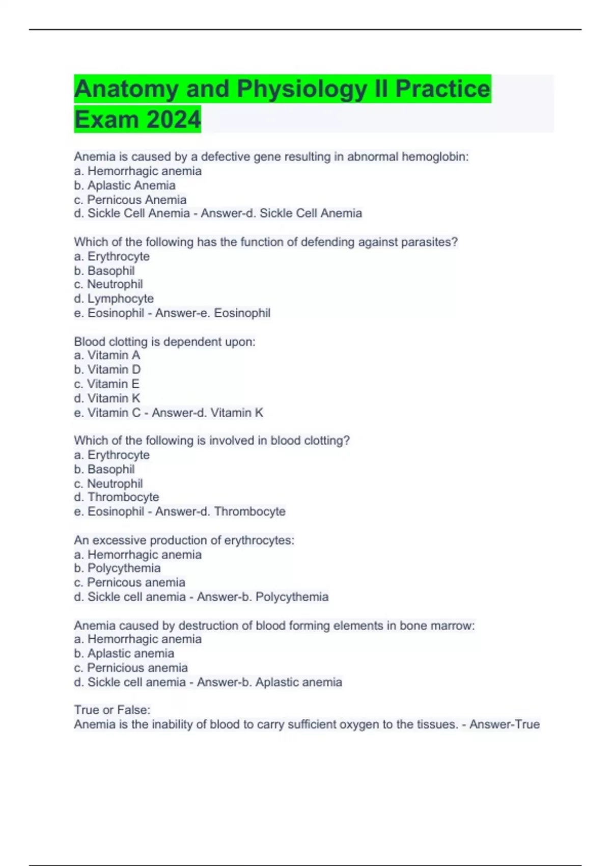 Anatomy and Physiology II Practice Exam 2024 - Anatomy and Physiology ...