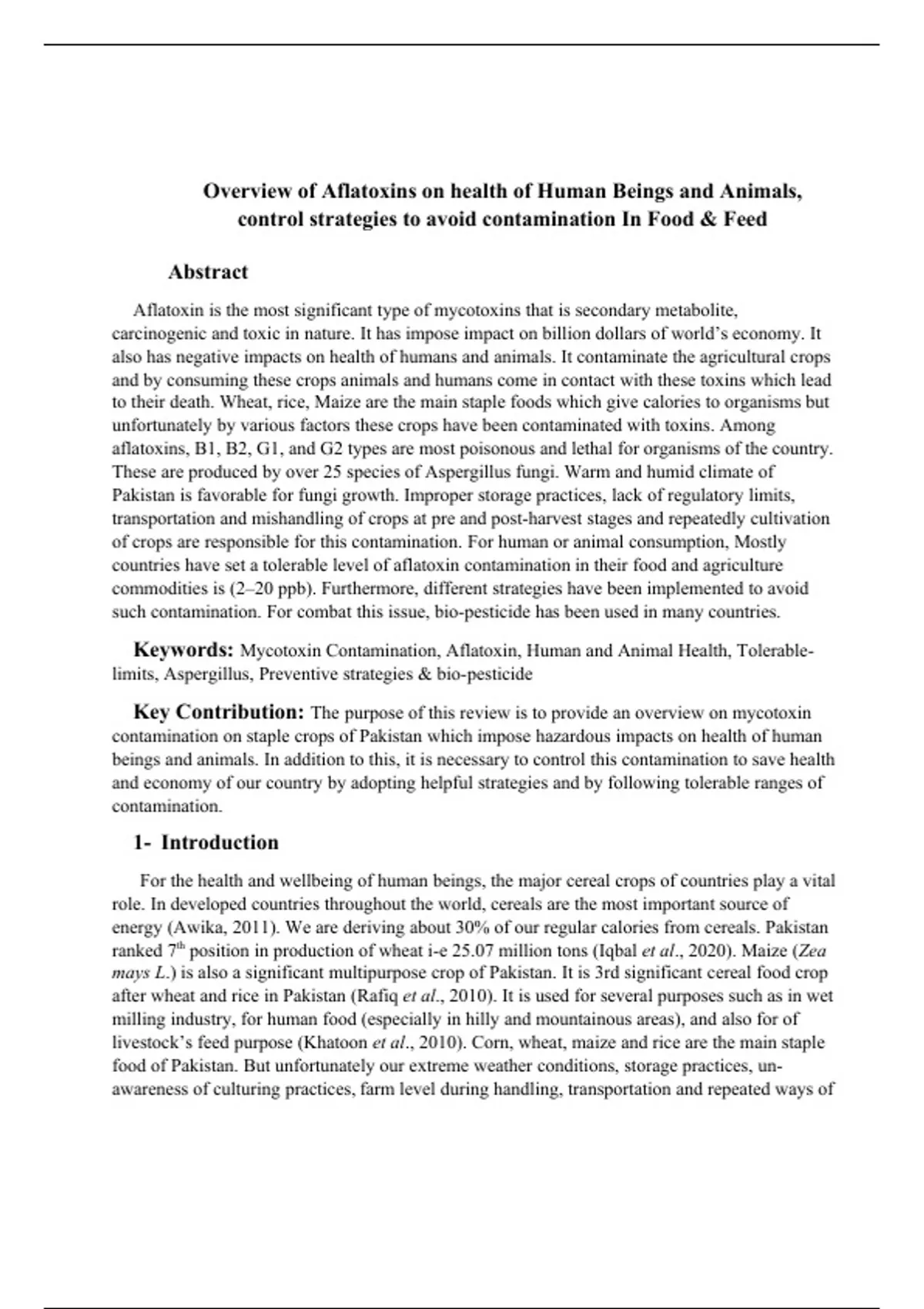 Summary Overview of Aflatoxins on health of Human Beings and Animals, control strategies to ...