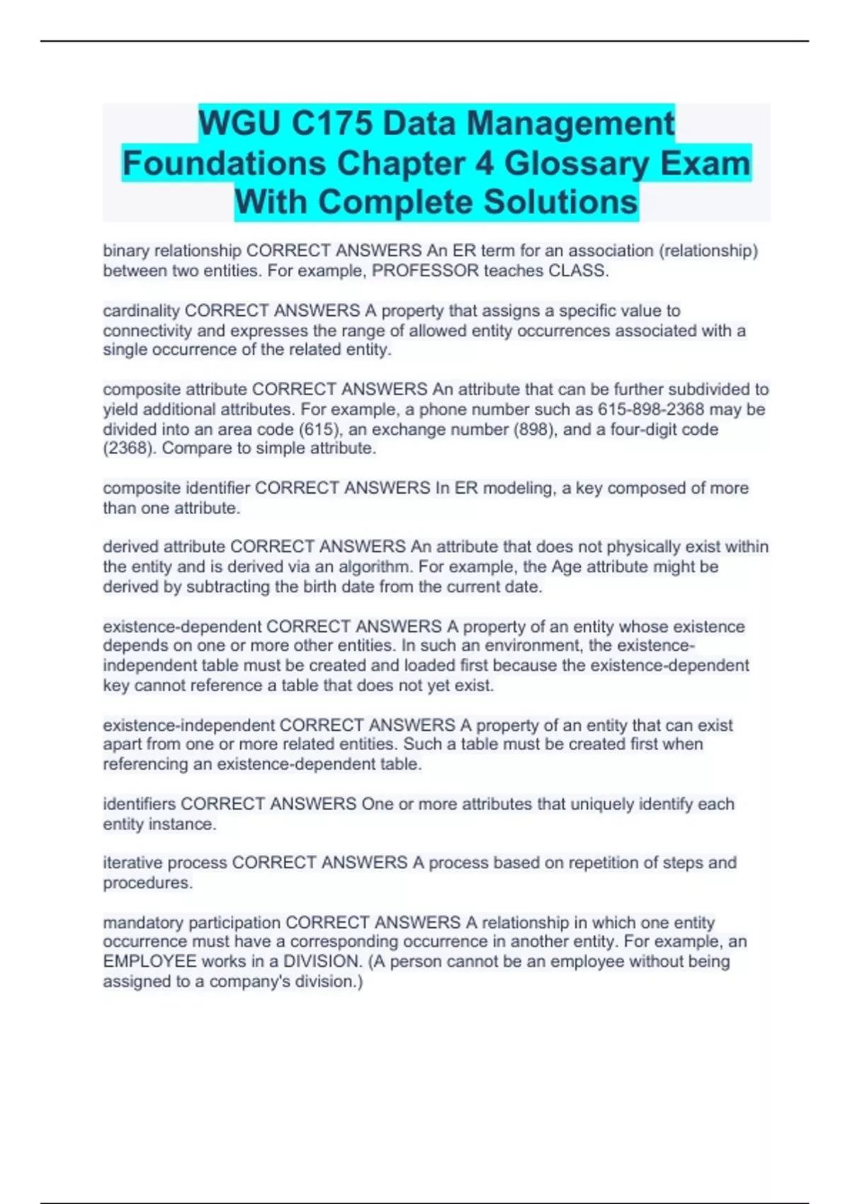 WGU C175 Data Management Foundations Chapter 4 Glossary Exam With Complete Solutions - WGU C175 ...
