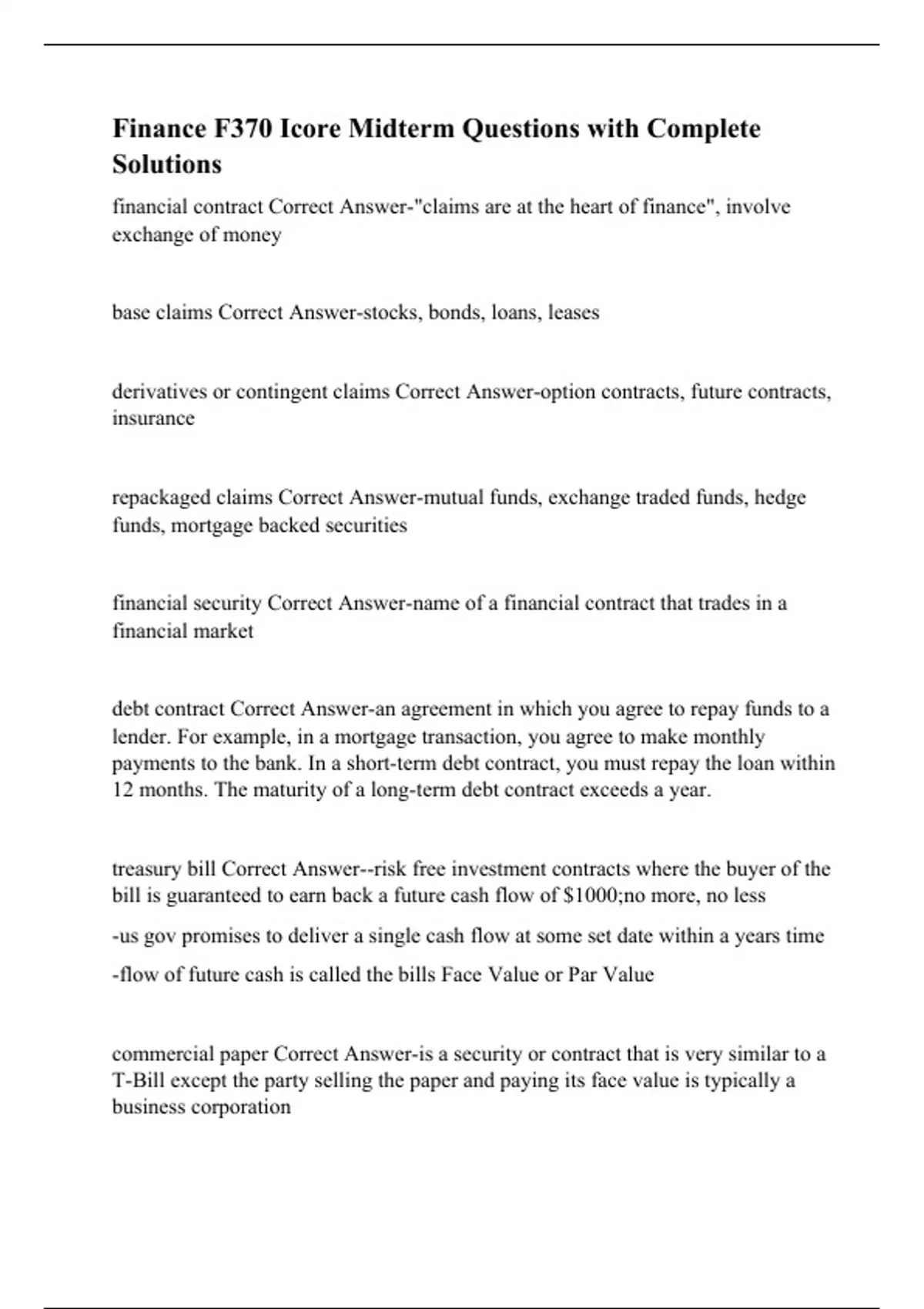 Finance F370 Icore Midterm Questions with Complete Solutions - Icore ...