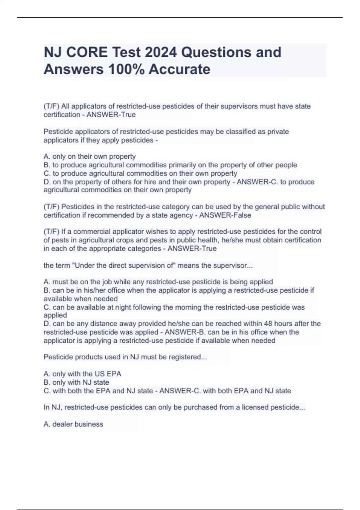 NJ CORE Test 2024 Questions and Answers 100% Accurate - NJ CORE - Stuvia US