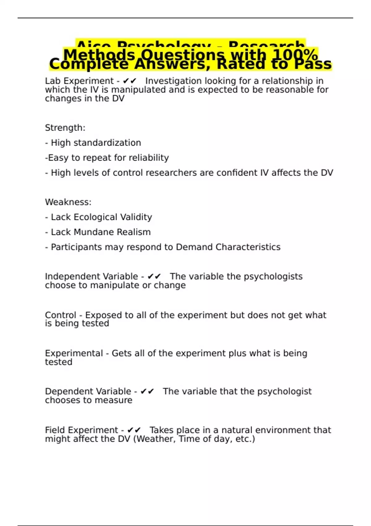 Aice Psychology - Research Methods Questions with 100% Complete Answers ...