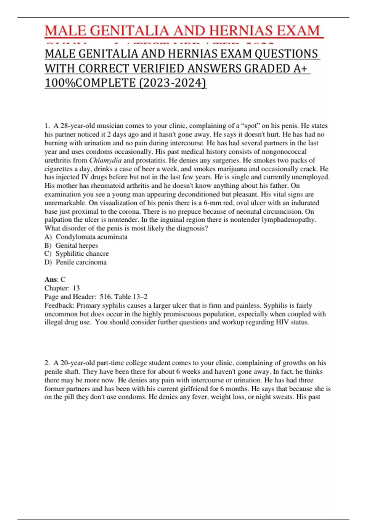 MALE GENITALIA AND HERNIAS EXAM QUESTIONS WITH CORRECT VERIFIED ANSWERS ...