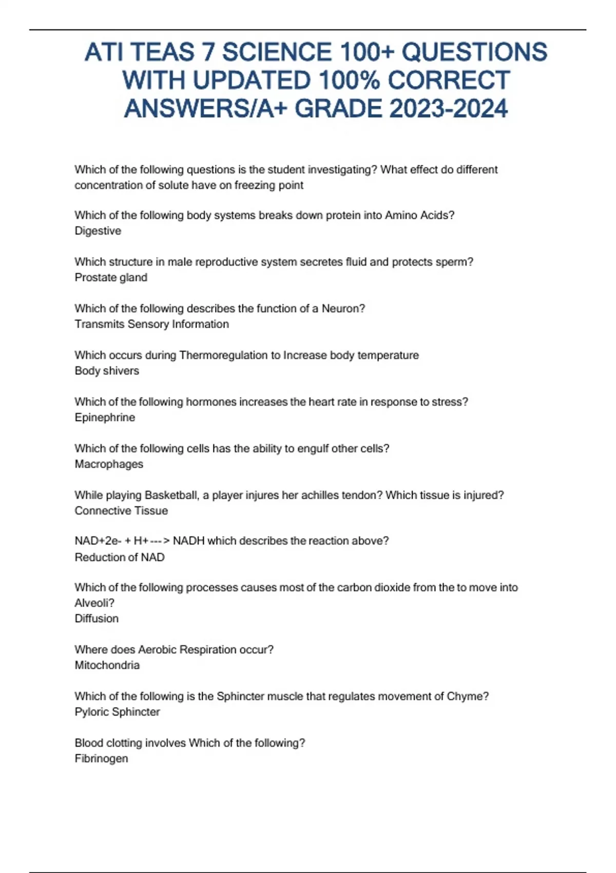 ATI TEAS 7 SCIENCE 100+ QUESTIONS WITH UPDATED 100% CORRECT ANSWERS/A+ ...