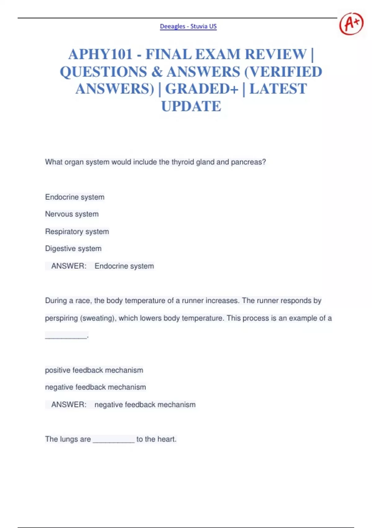 APHY101 - FINAL EXAM REVIEW | QUESTIONS & ANSWERS (VERIFIED ANSWERS ...