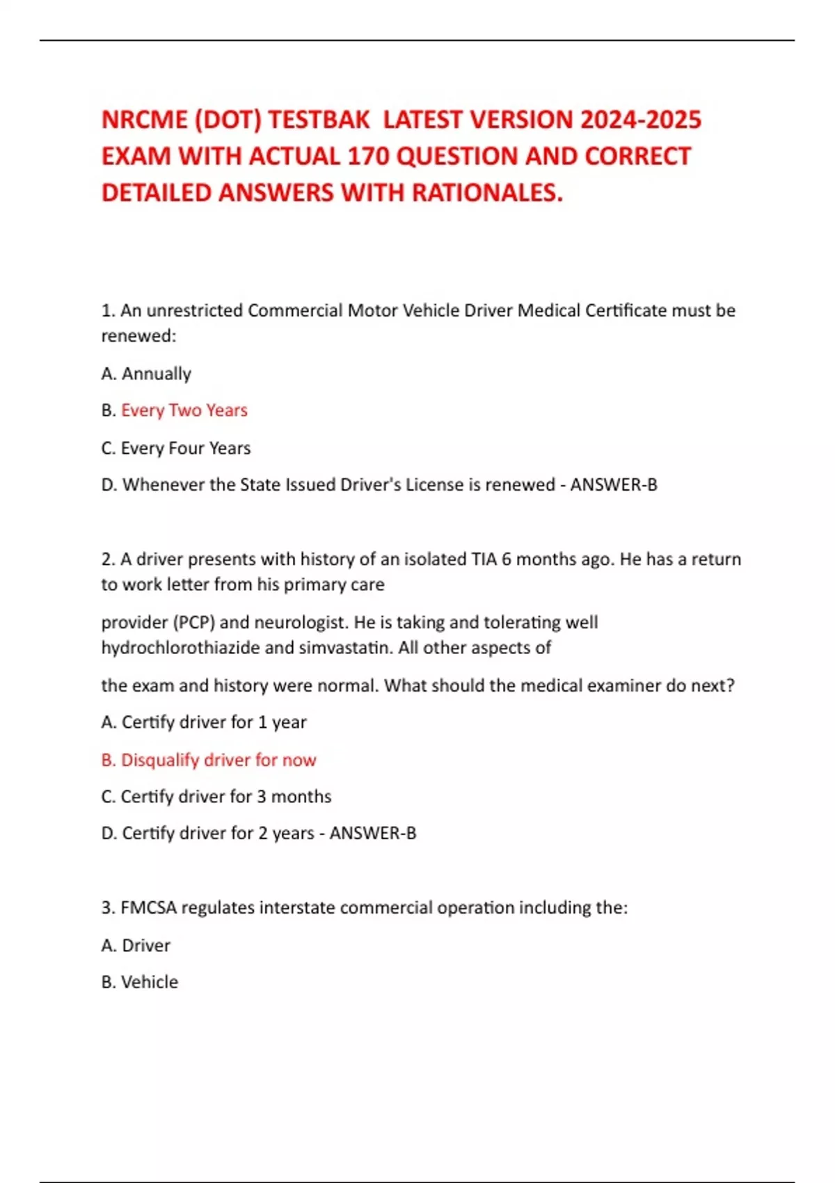 NRCME (DOT) TESTBAK LATEST VERSION EXAM WITH ACTUAL 170 QUESTION AND ...