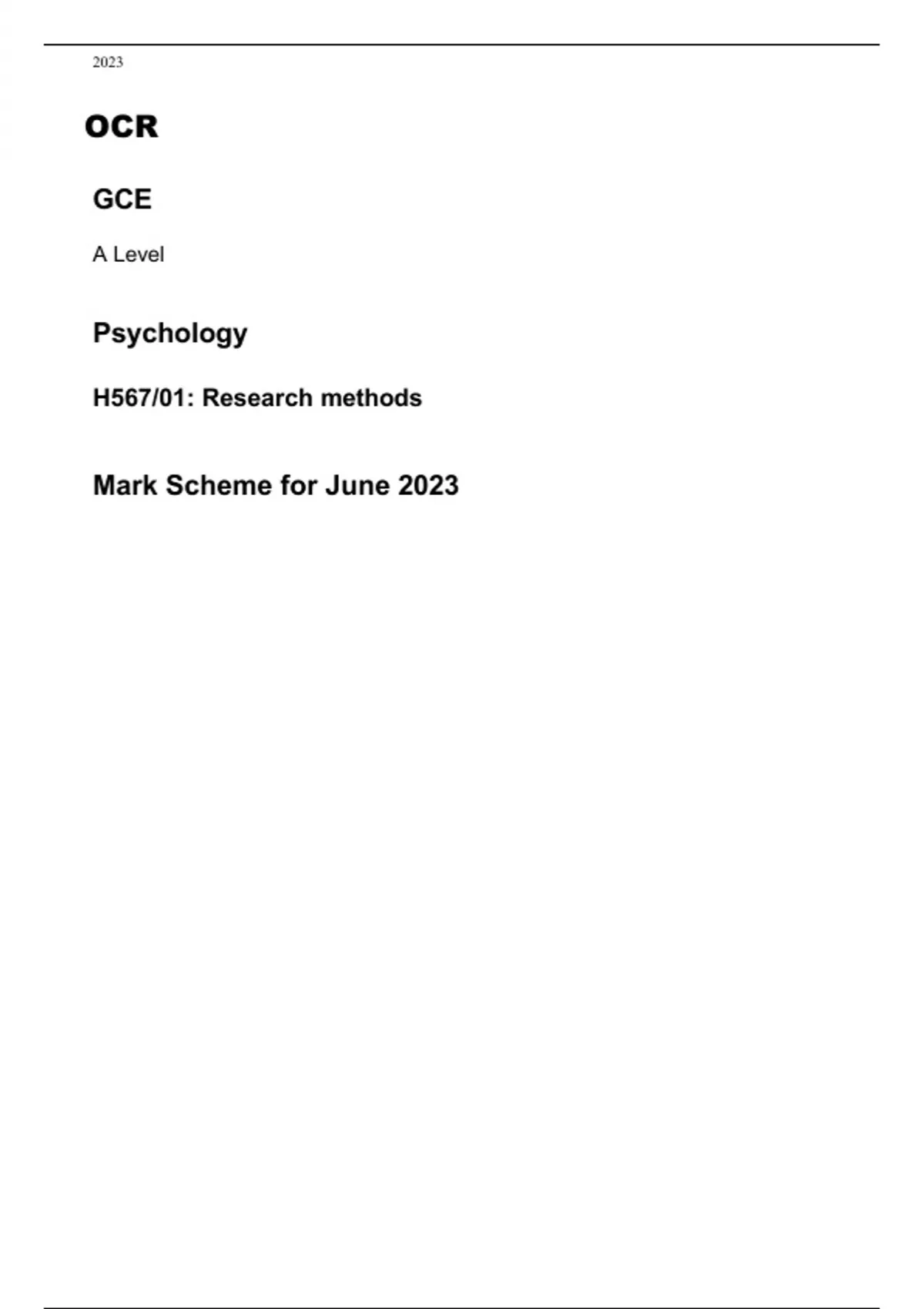 OCR A Level Psychology H567/01: PAPER 1 JUNE 2023 FINAL MARK SCHEME ...