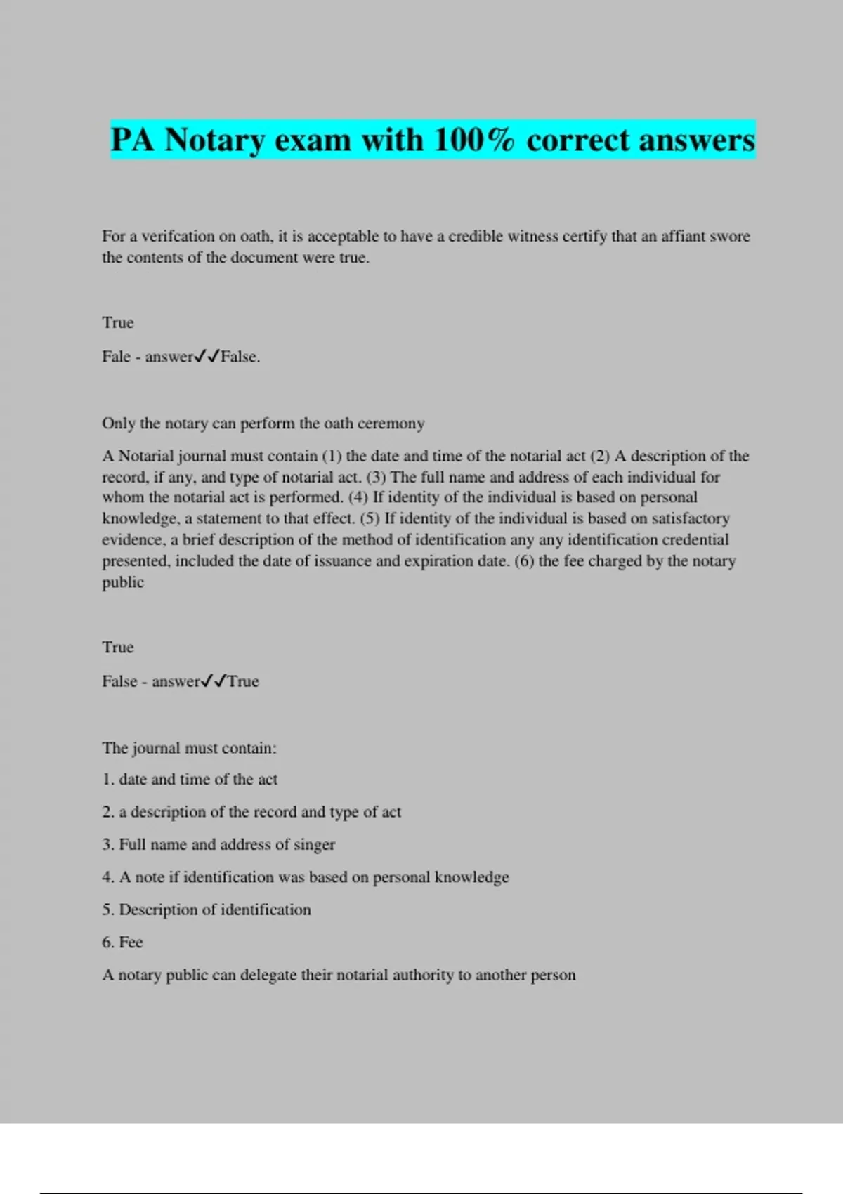 PA Notary exam with 100% correct answers - PA NOTARY - Stuvia US