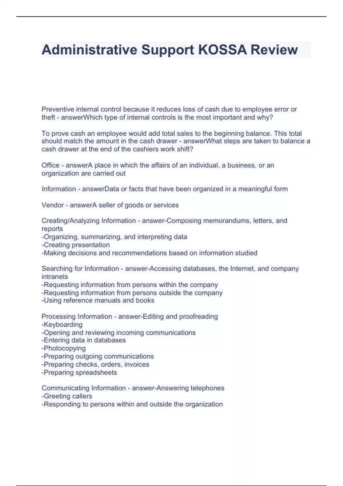 Administrative Support KOSSA Review Questions with solutions 2024 ...