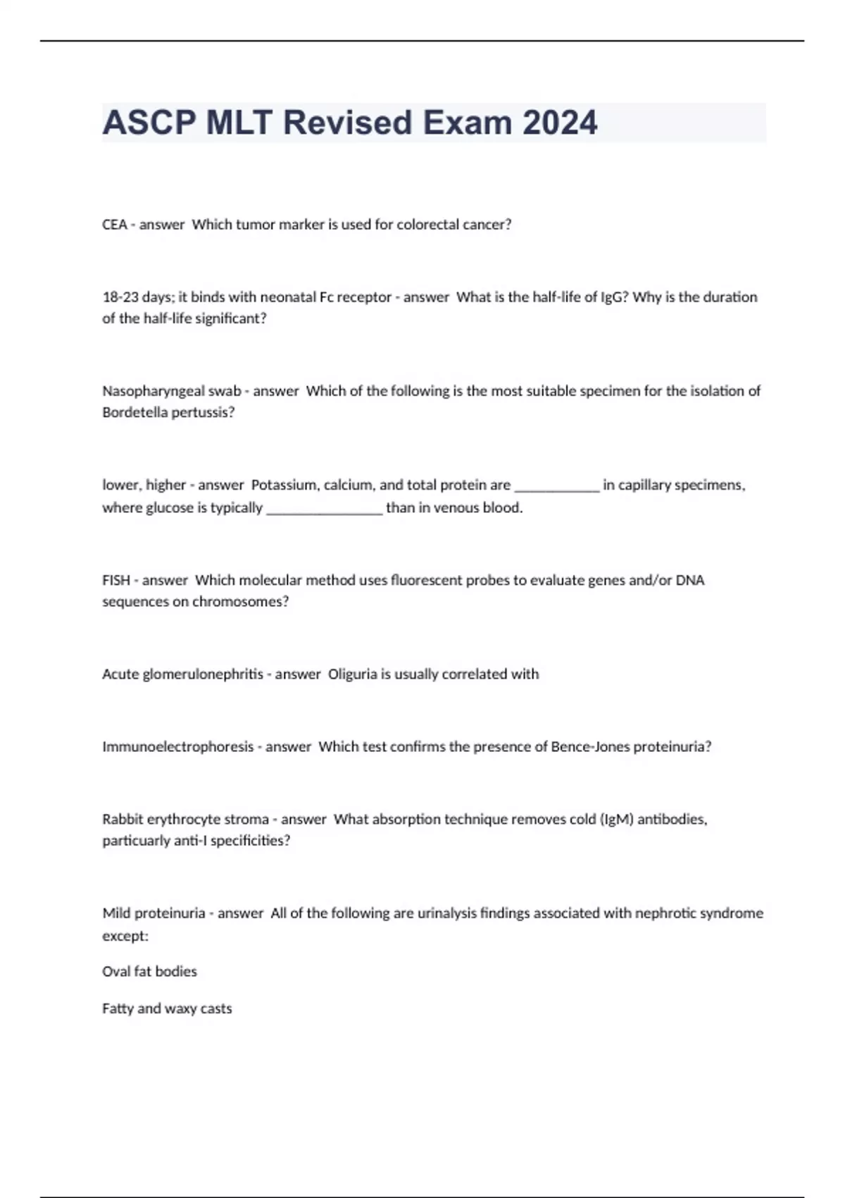 ASCP MLT Revised Exam Question with Answers 2024 - ASCP MLT - Stuvia US