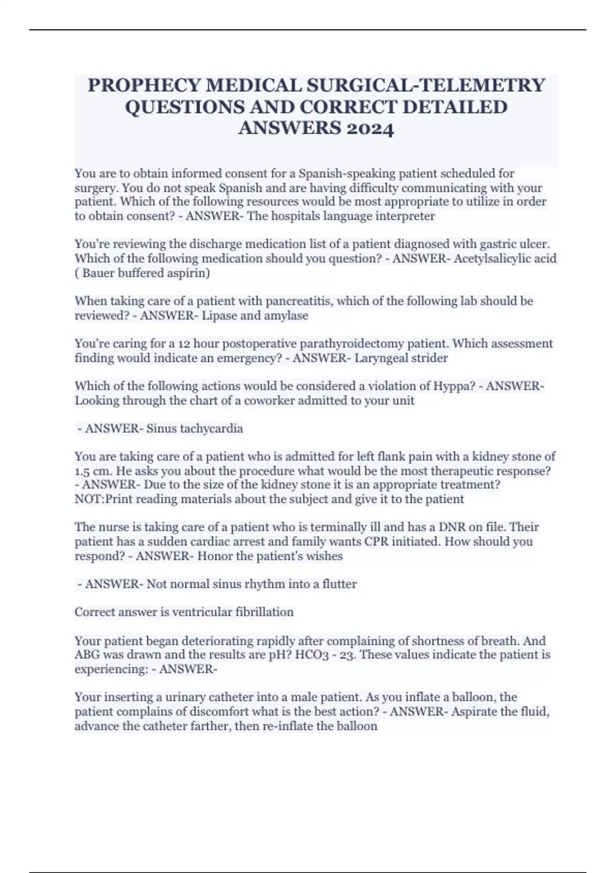 PROPHECY MEDICAL SURGICAL-TELEMETRY QUESTIONS AND CORRECT DETAILED ...