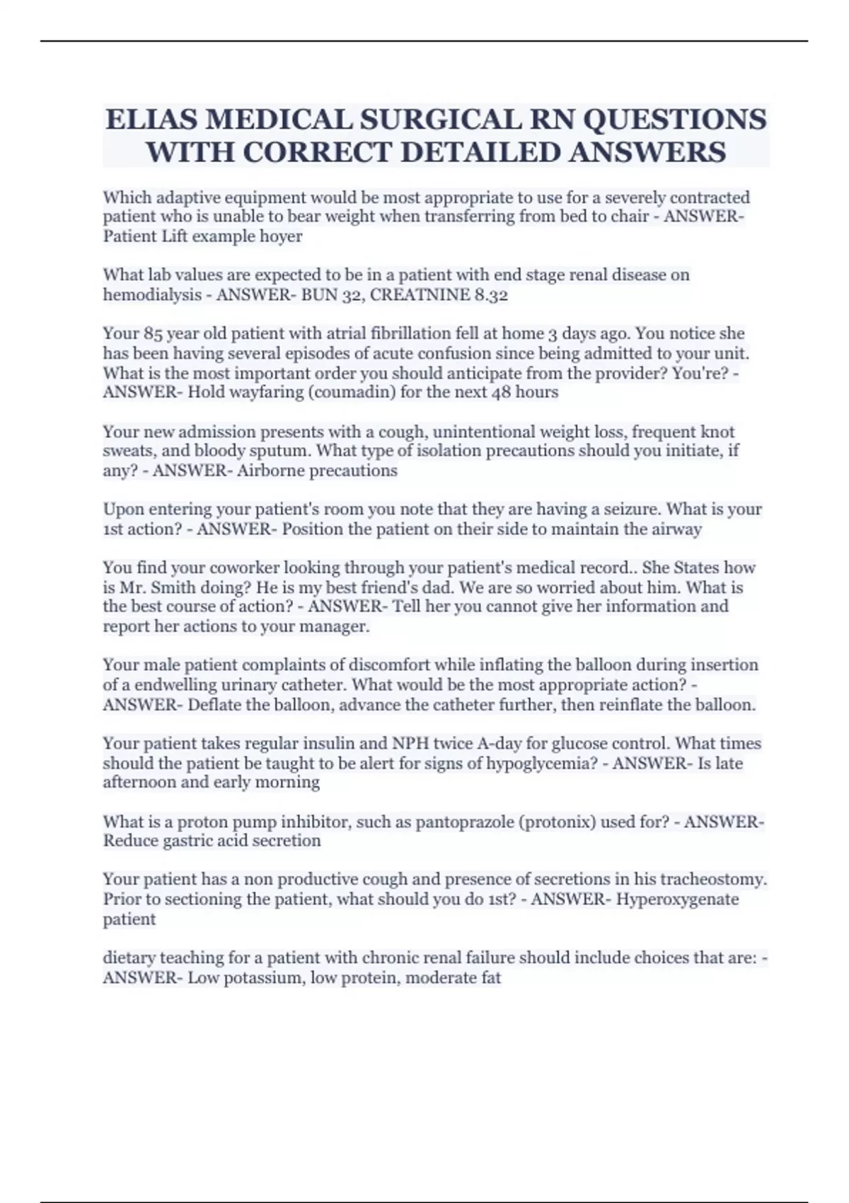 ELIAS MEDICAL SURGICAL RN QUESTIONS WITH CORRECT DETAILED ANSWERS ...