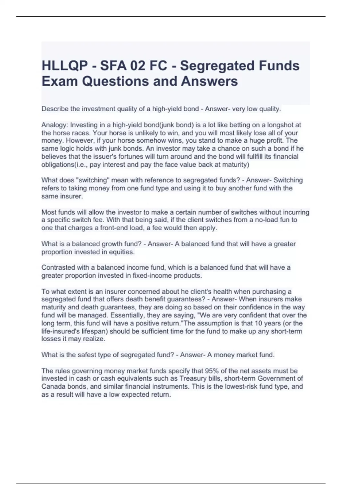 HLLQP - SFA 02 FC - Segregated Funds Exam Questions and Answers ...