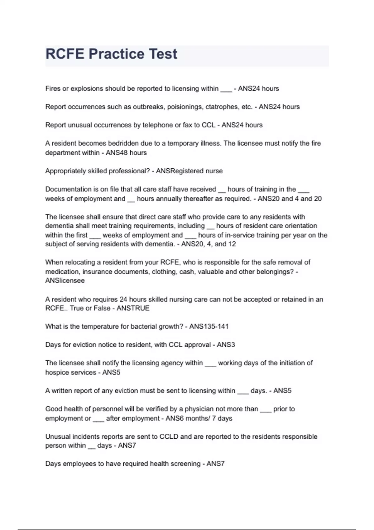 RCFE Practice Test 2024/2025 already graded A+ - ARF-Adult Residential ...