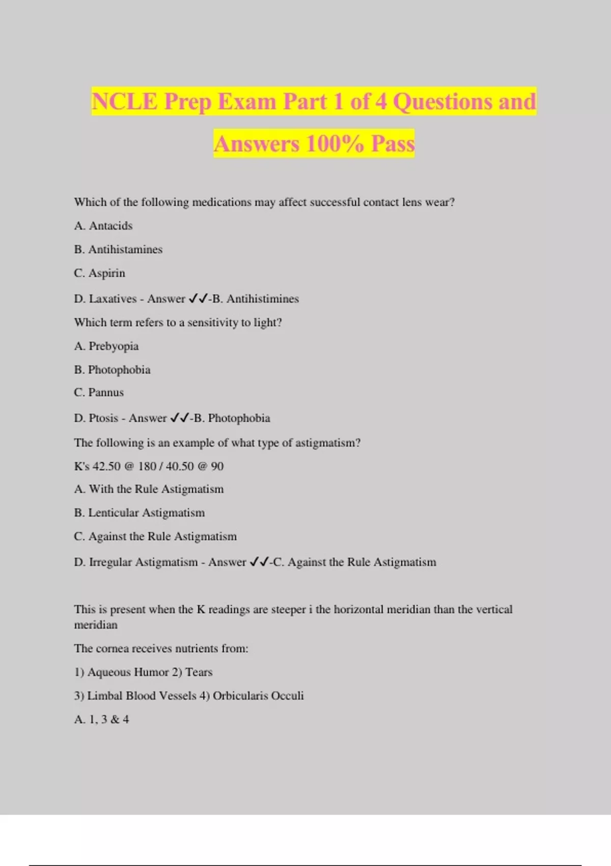 NCLE Prep Exam Part 1 of 4 Questions and Answers 100% Pass - NCLE ...