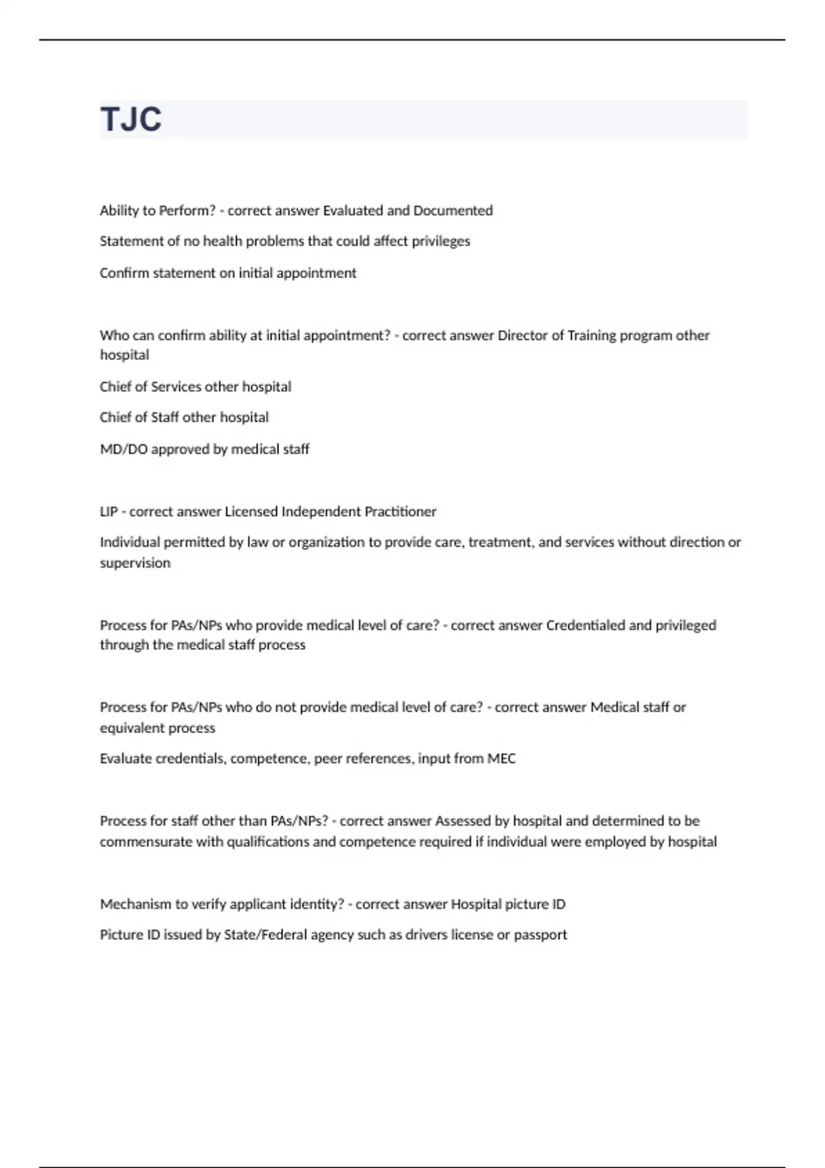 TJC Questions with complete solution 2023/2024 - TJC - Stuvia US