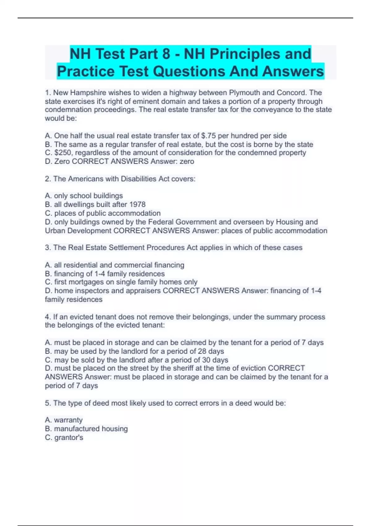 NH Test Part 8 - NH Principles and Practice Test Questions And Answers ...