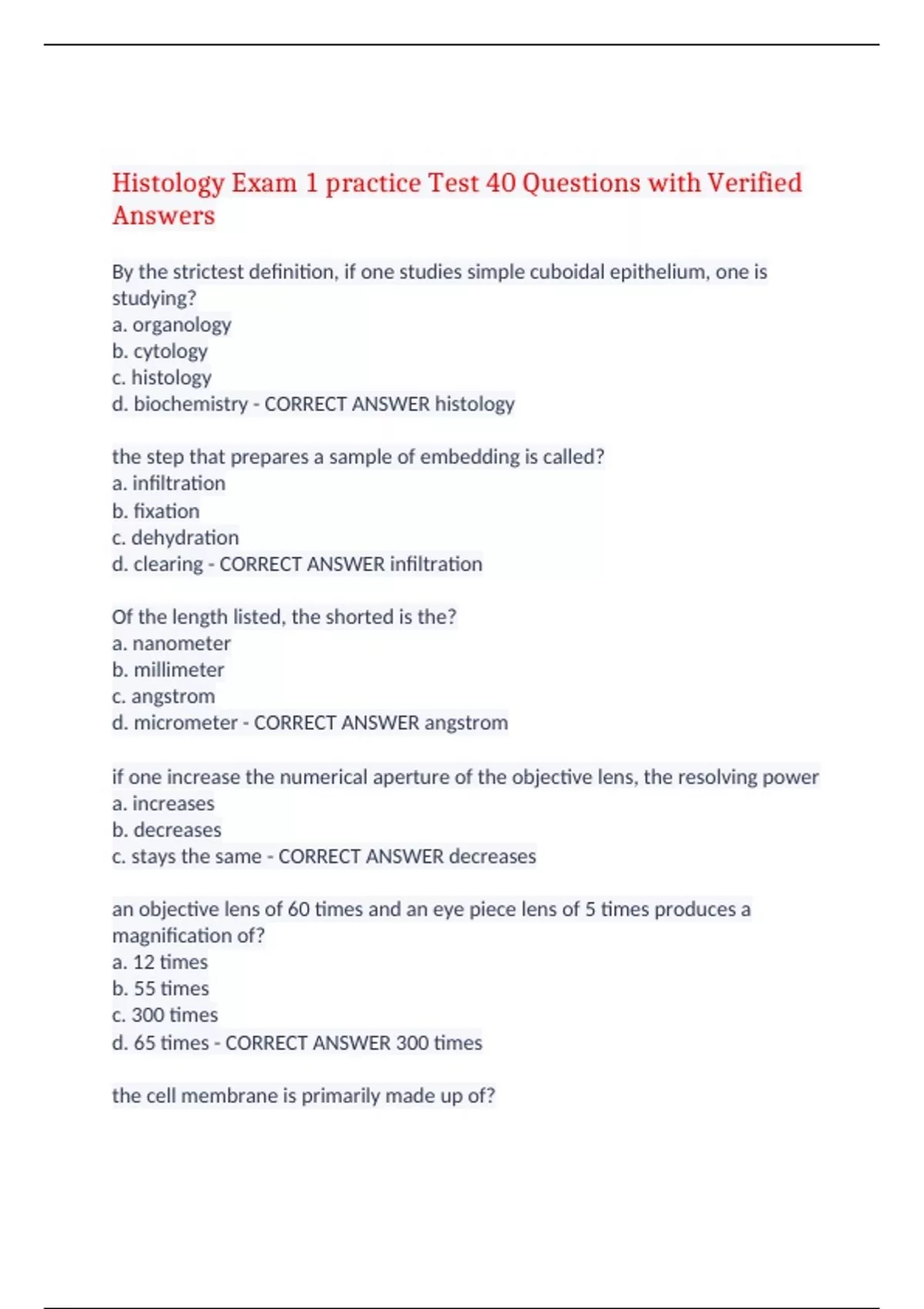 Histology Exam 1 practice Test 40 Questions with Verified Answers,100% ...