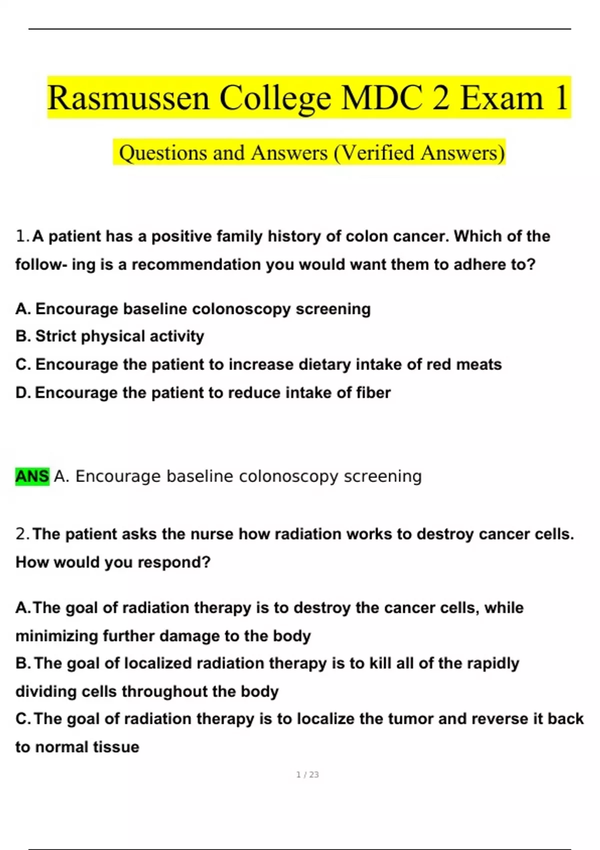 Rasmussen College MDC 2 Exam 1 Questions and Answers (2025 / 2026) (Verified Answers) - NUR 2392 ...