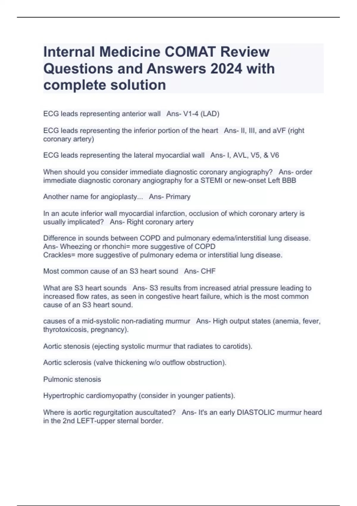 Internal Medicine COMAT Review Questions and Answers 2024 with complete ...