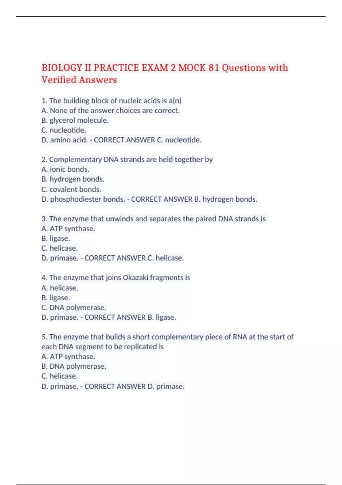 BIOLOGY II PRACTICE EXAM 2 MOCK 81 Questions with Verified Answers,100% ...