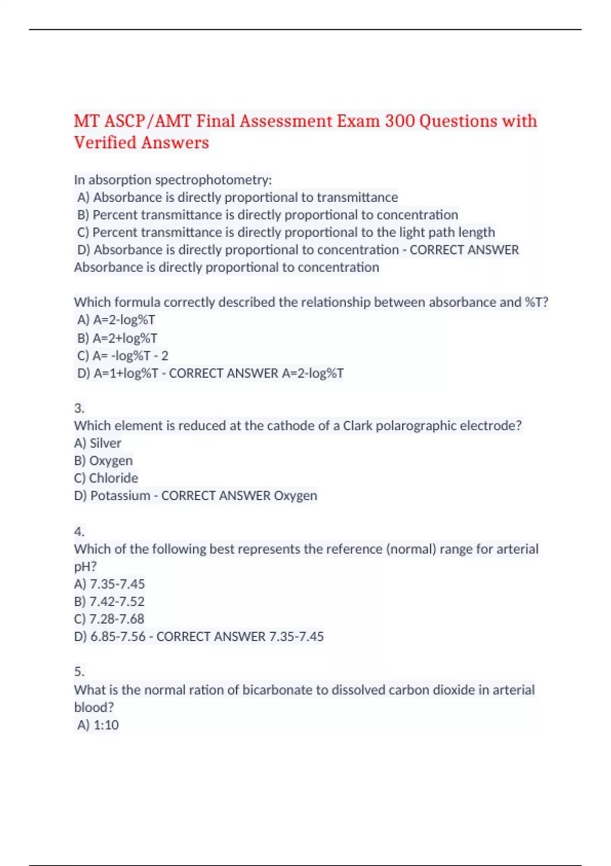 MT ASCP/AMT Final Assessment Exam 300 Questions with Verified Answers ...
