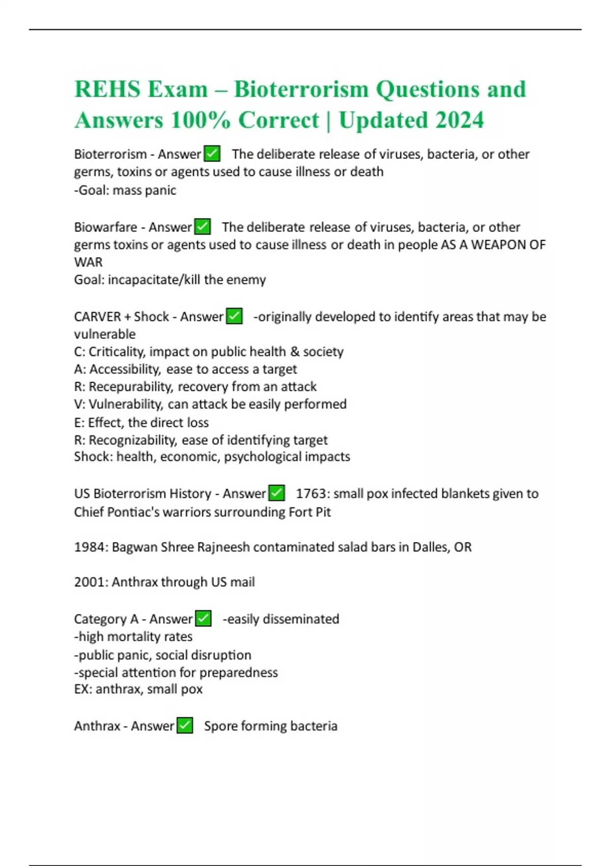 REHS Exam – Bioterrorism Questions and Answers 100% Correct | Updated ...