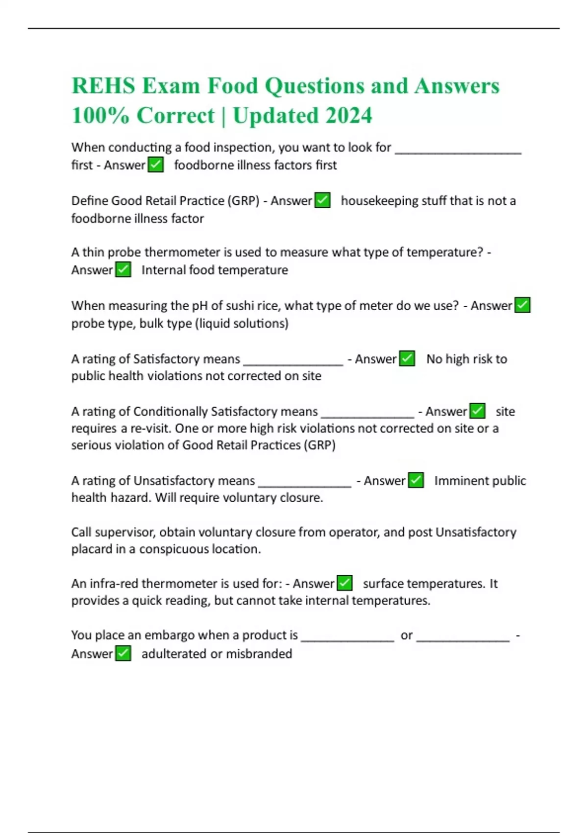 REHS Exam Food Questions and Answers 100% Correct | Updated 2024 - REHS ...