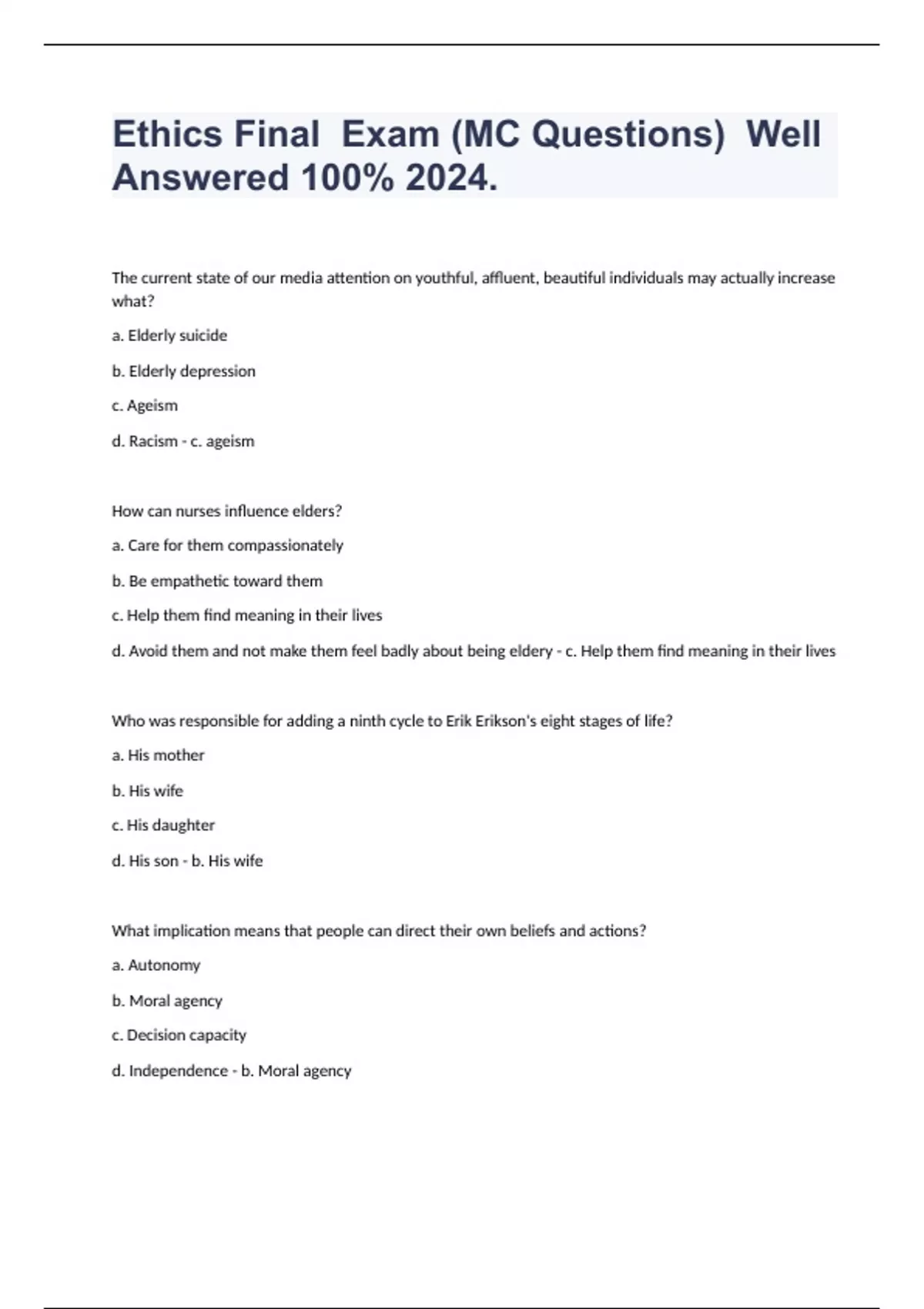 Ethics Final Exam (MC Questions) Well Answered 100% 2024. - Nursing ...