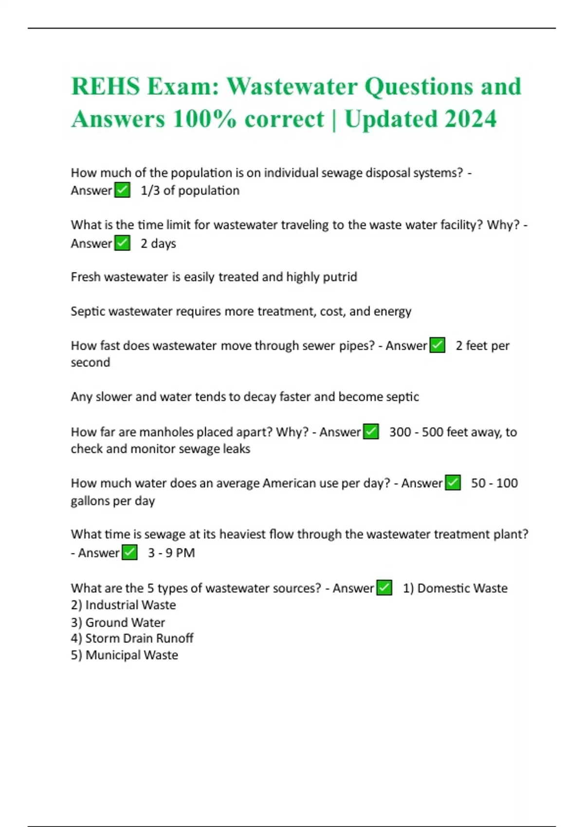 REHS Exam: Wastewater Questions and Answers 100% correct | Updated 2024 ...