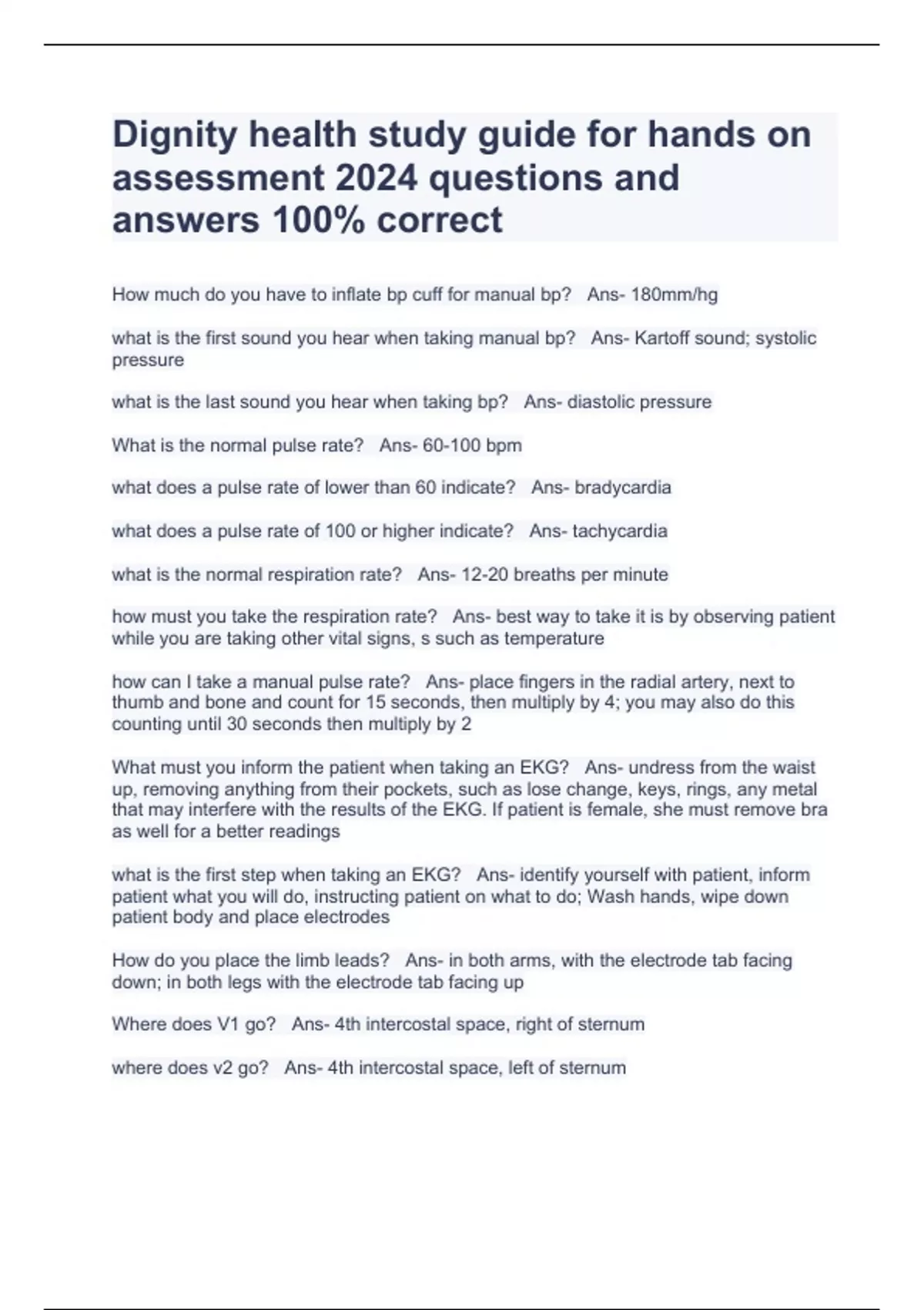 Dignity health study guide for hands on assessment 2024 questions and ...