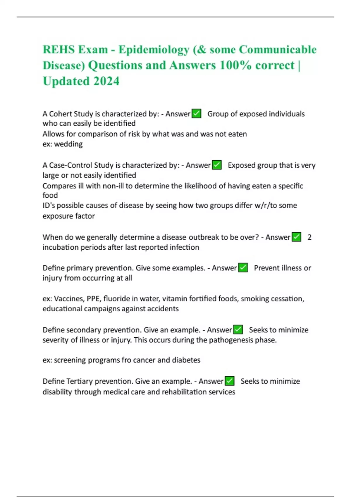 REHS Exam - Epidemiology (& some Communicable Disease) Questions and ...