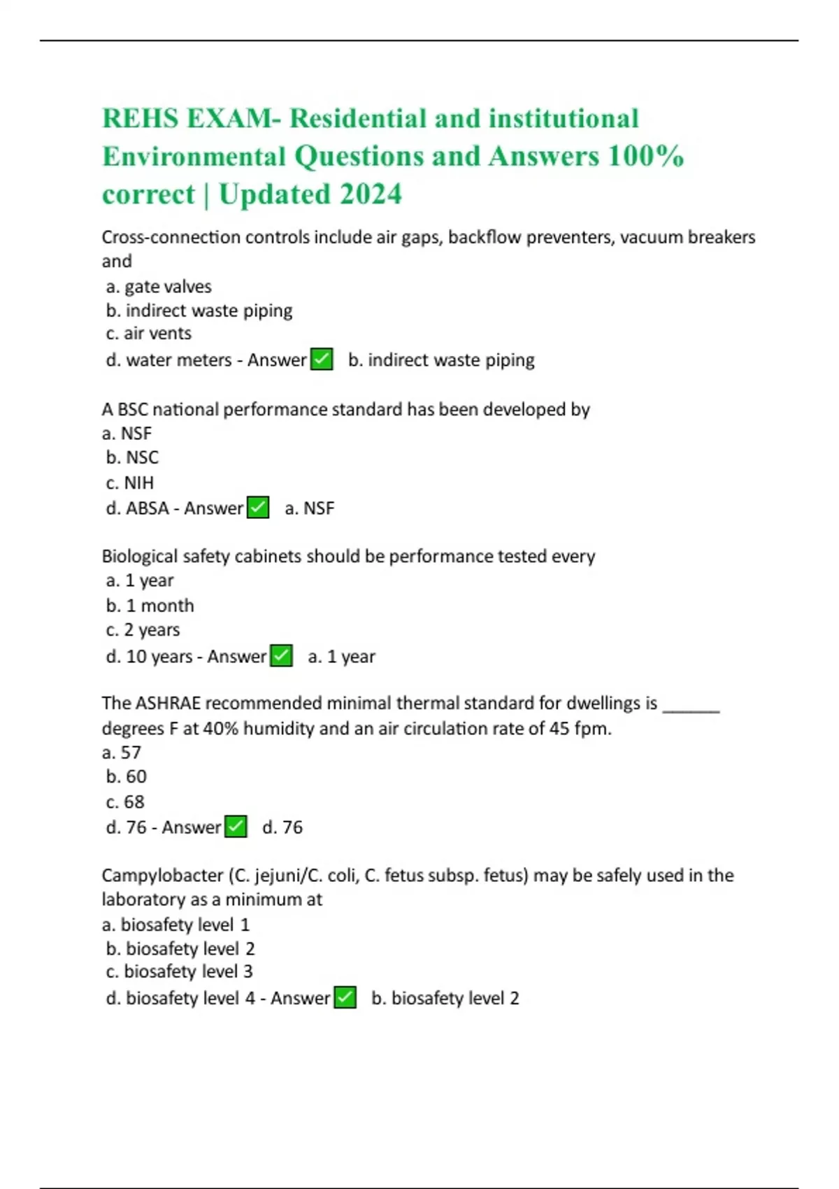 REHS EXAM- Residential and institutional Environmental Questions and ...
