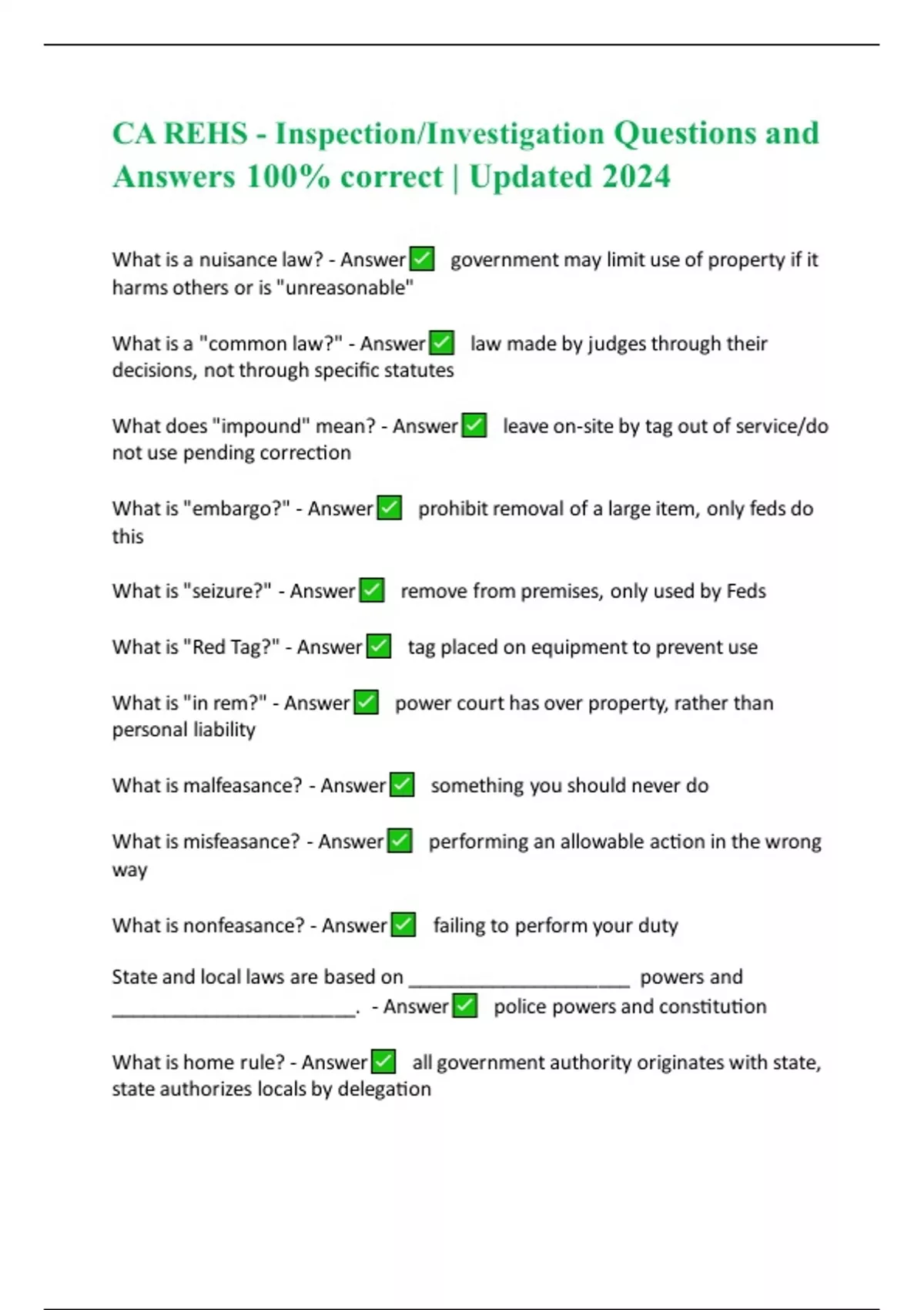 CA REHS - Inspection/Investigation Questions and Answers 100% correct ...