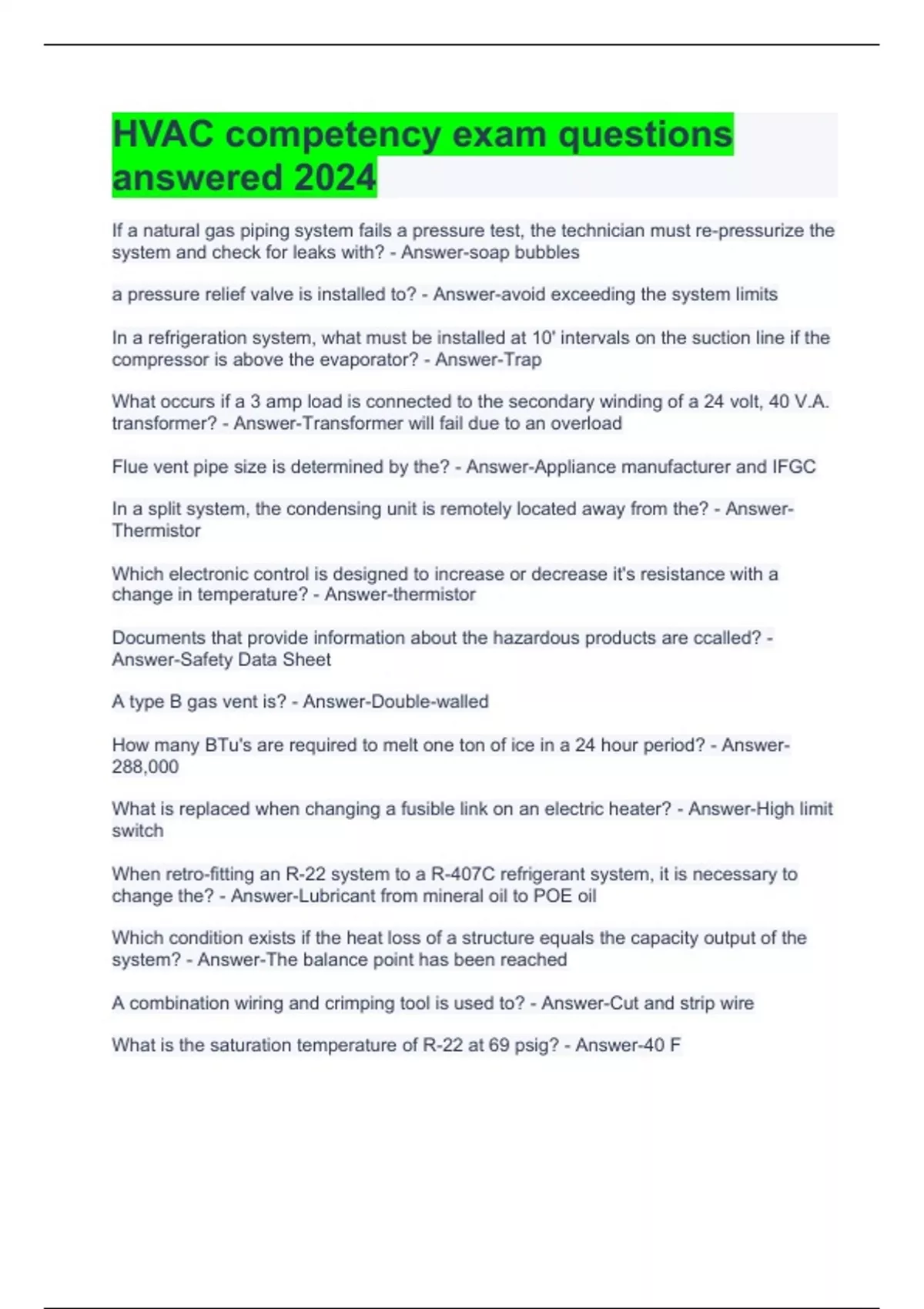 HVAC competency exam questions answered 2024 - HVAC competency - Stuvia US