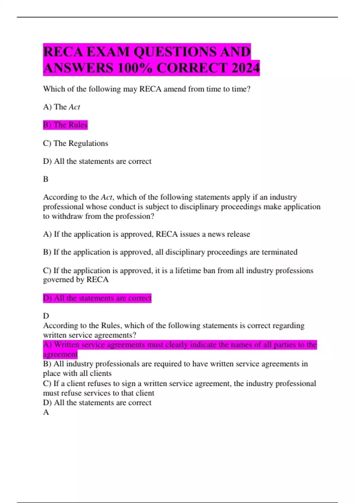 RECA EXAM QUESTIONS AND ANSWERS 100% CORRECT 2024 - RECA - Stuvia US