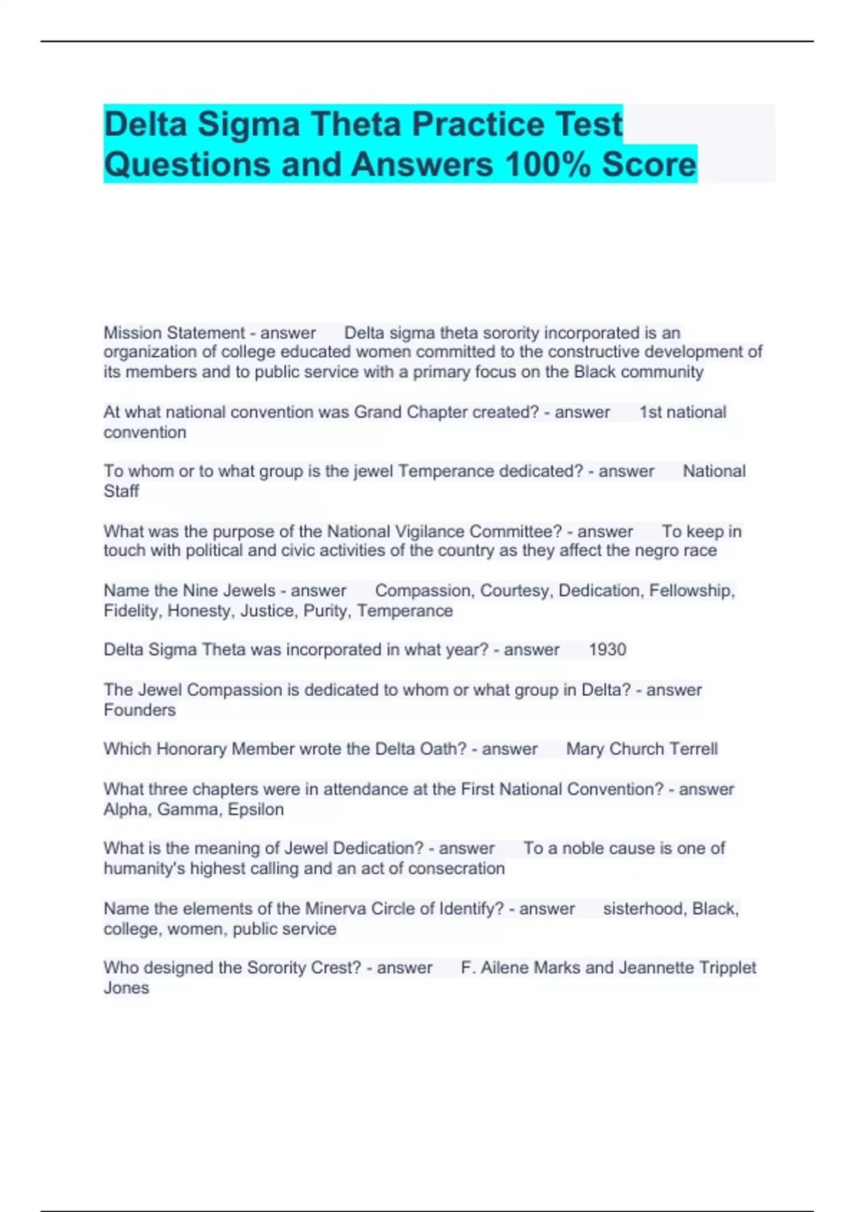 Delta Sigma Theta Practice Test Questions and Answers 100% Score ...