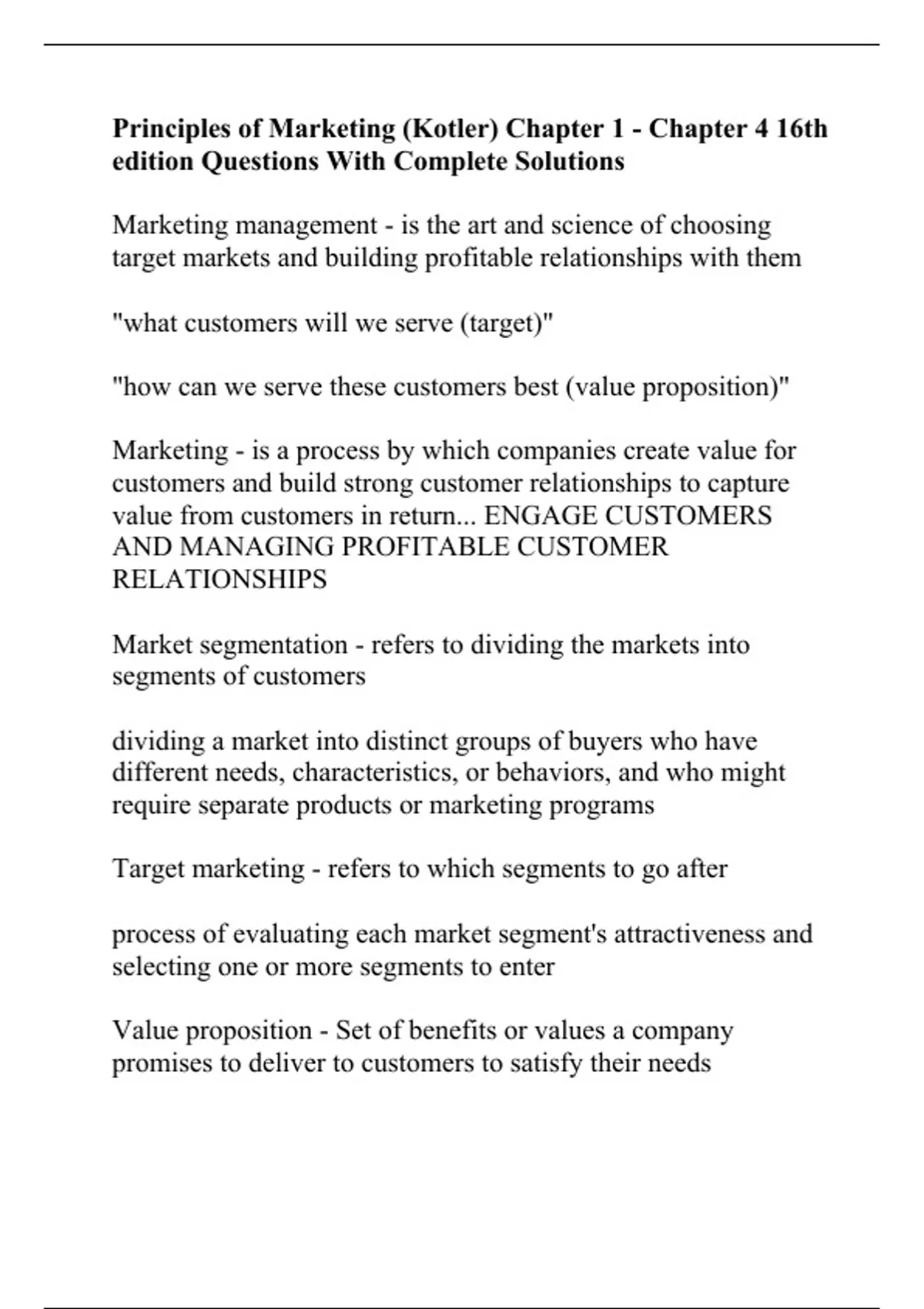 Principles of Marketing (Kotler) Chapter 1 - Chapter 4 16th edition Questions With Complete ...
