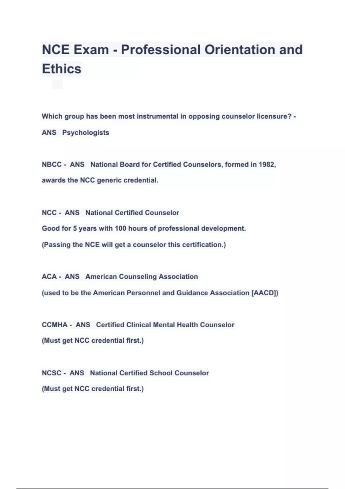 NCE Exam - Professional Orientation and Ethics QUESTIONS & ANSWERS 2024 ( A+ GRADED 100% ...