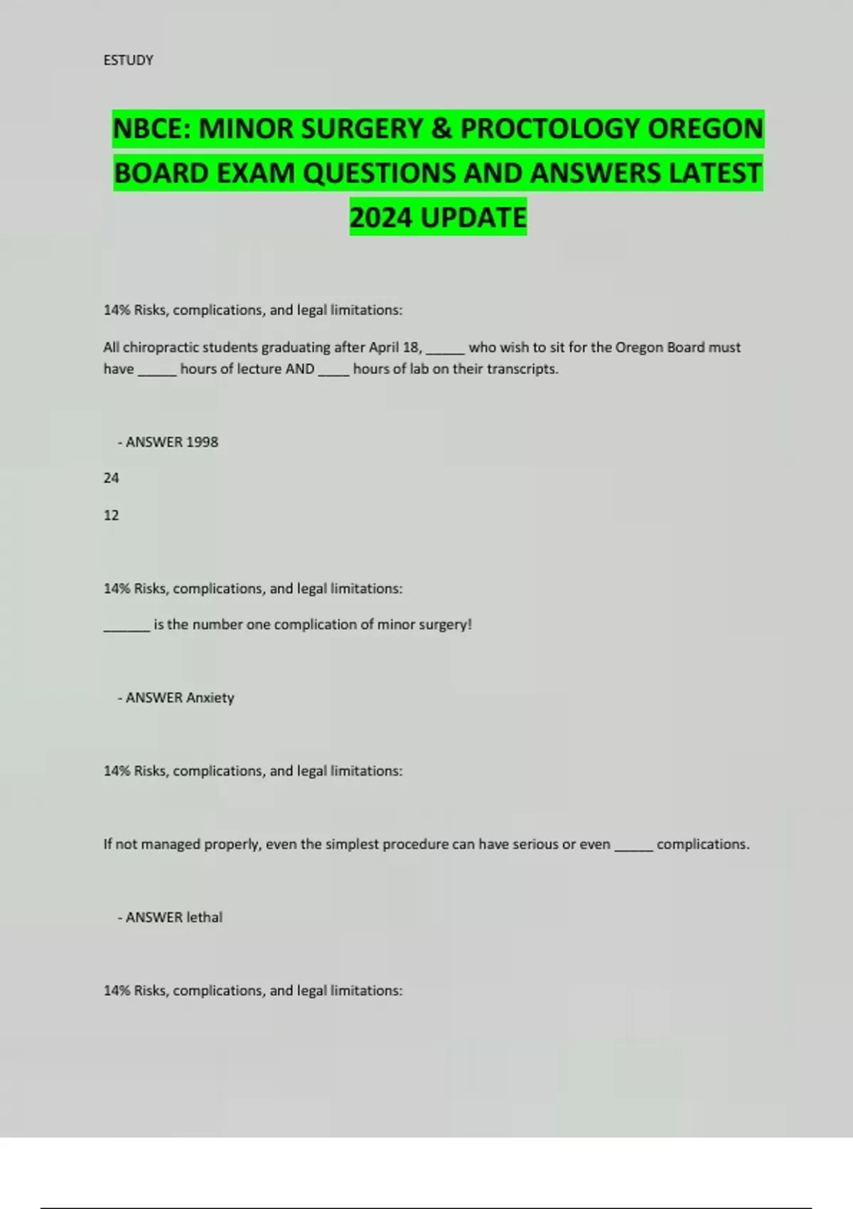 NBCE: MINOR SURGERY & PROCTOLOGY OREGON BOARD EXAM QUESTIONS AND ...