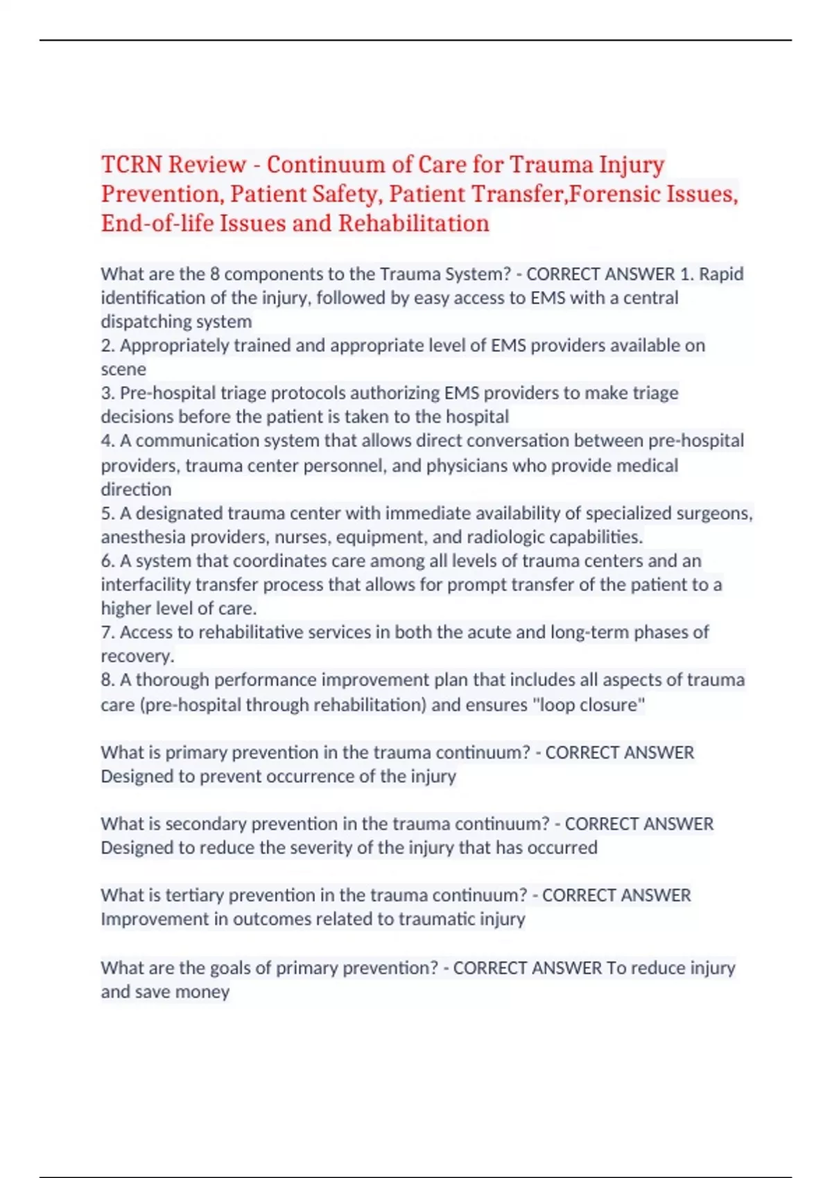 TCRN Review - Continuum of Care for Trauma Injury Prevention, Patient ...