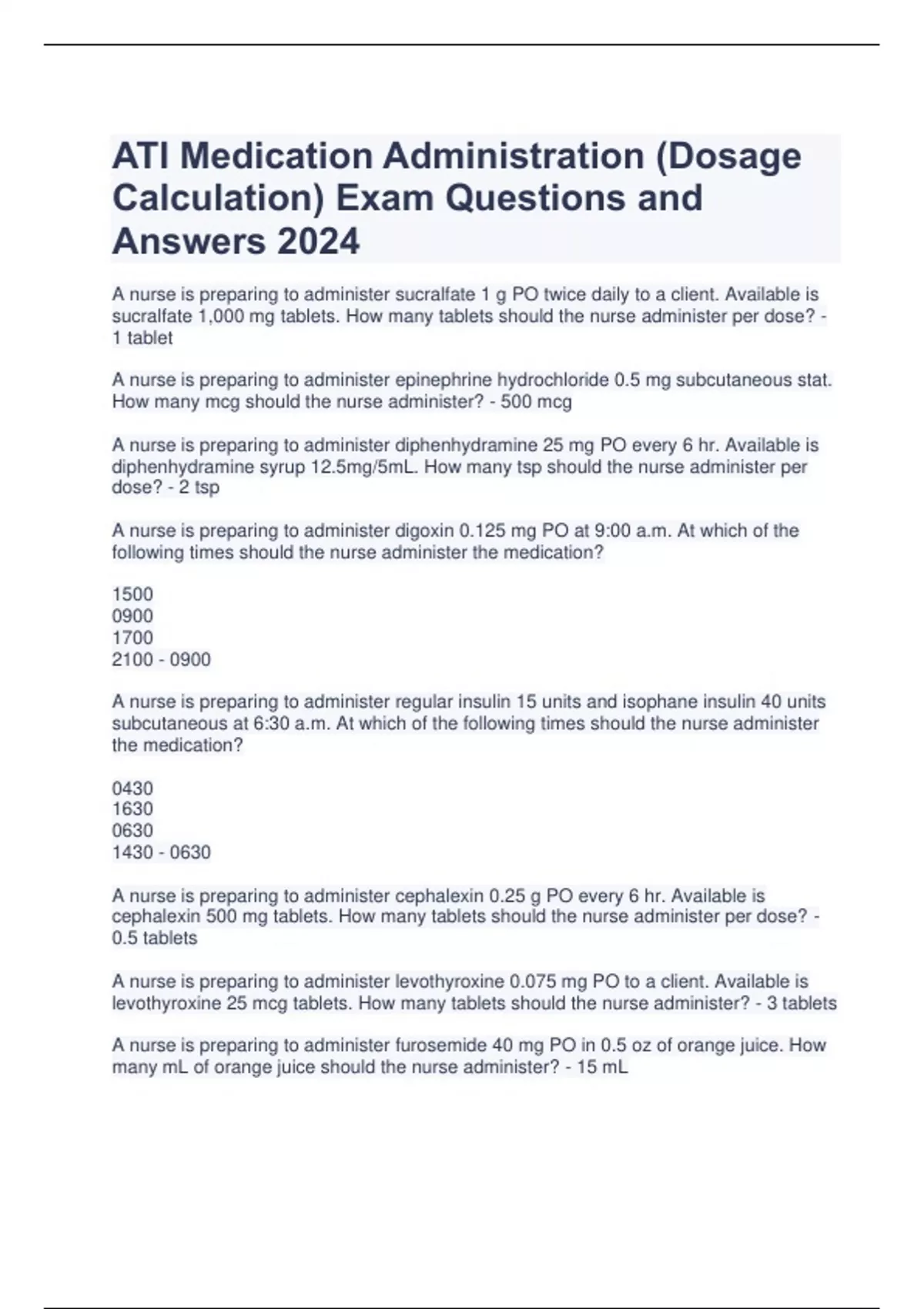 ATI Medication Administration (Dosage Calculation) Exam Questions and ...