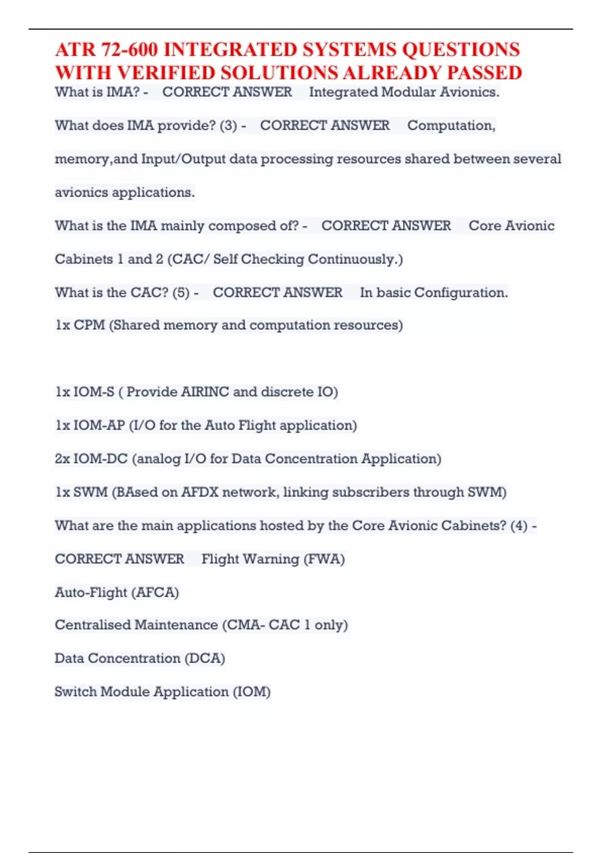 ATR 72-600 INTEGRATED SYSTEMS QUESTIONS WITH VERIFIED SOLUTIONS ALREADY PASSED - ATR 72-600 ...