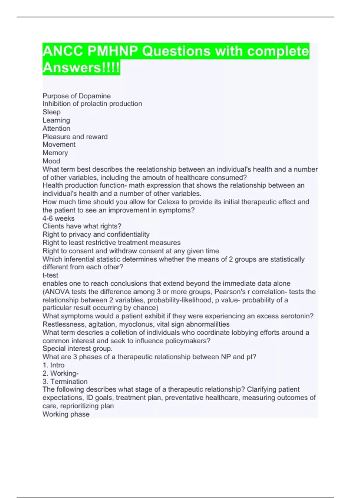 ANCC PMHNP Questions with complete Answers 2023/2024 - ANCC - Stuvia US