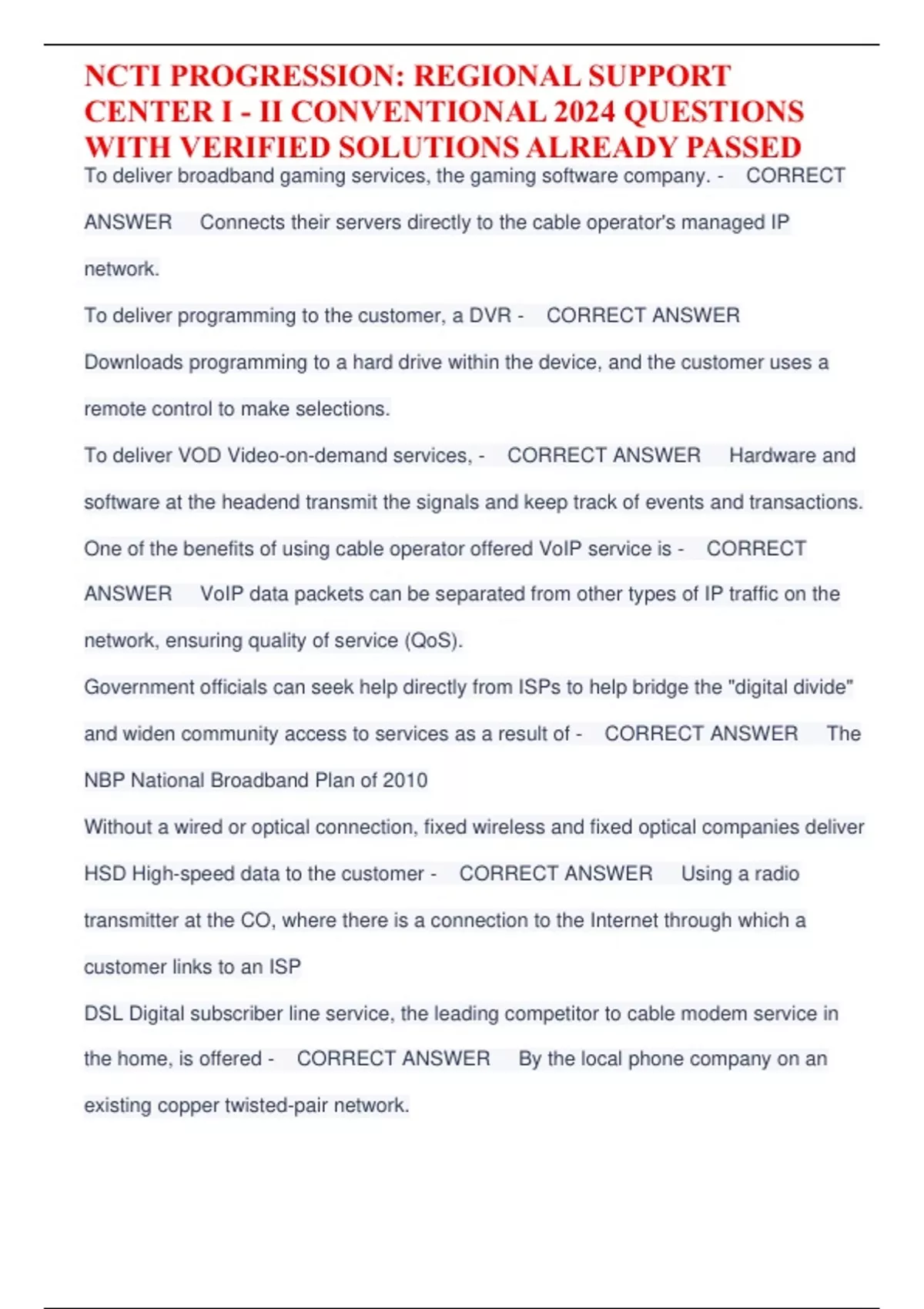 NCTI PROGRESSION: REGIONAL SUPPORT CENTER I - II CONVENTIONAL 2024 QUESTIONS WITH VERIFIED ...