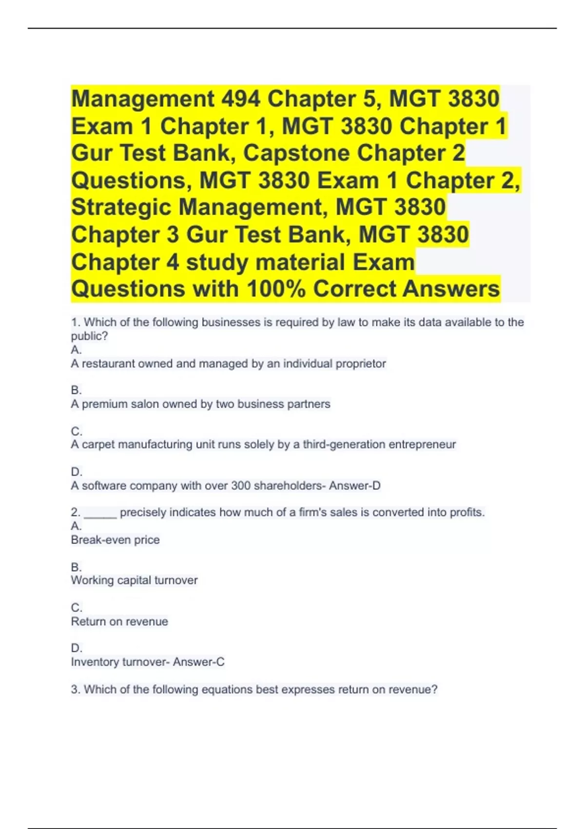 Management 494 Chapter 5, MGT 3830 Exam 1 Chapter 1, MGT 3830 Chapter 1 ...